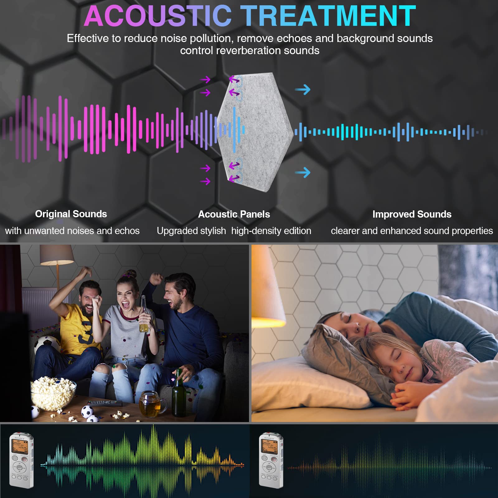MANDEK 12 Pack Hexagon Acoustic Panels, 12 X 10 X 0.4 Inches Self-adhesive Sound Panels, Premium Soundproof Wall Panels for Home, Office & Studios (Silver Grey)