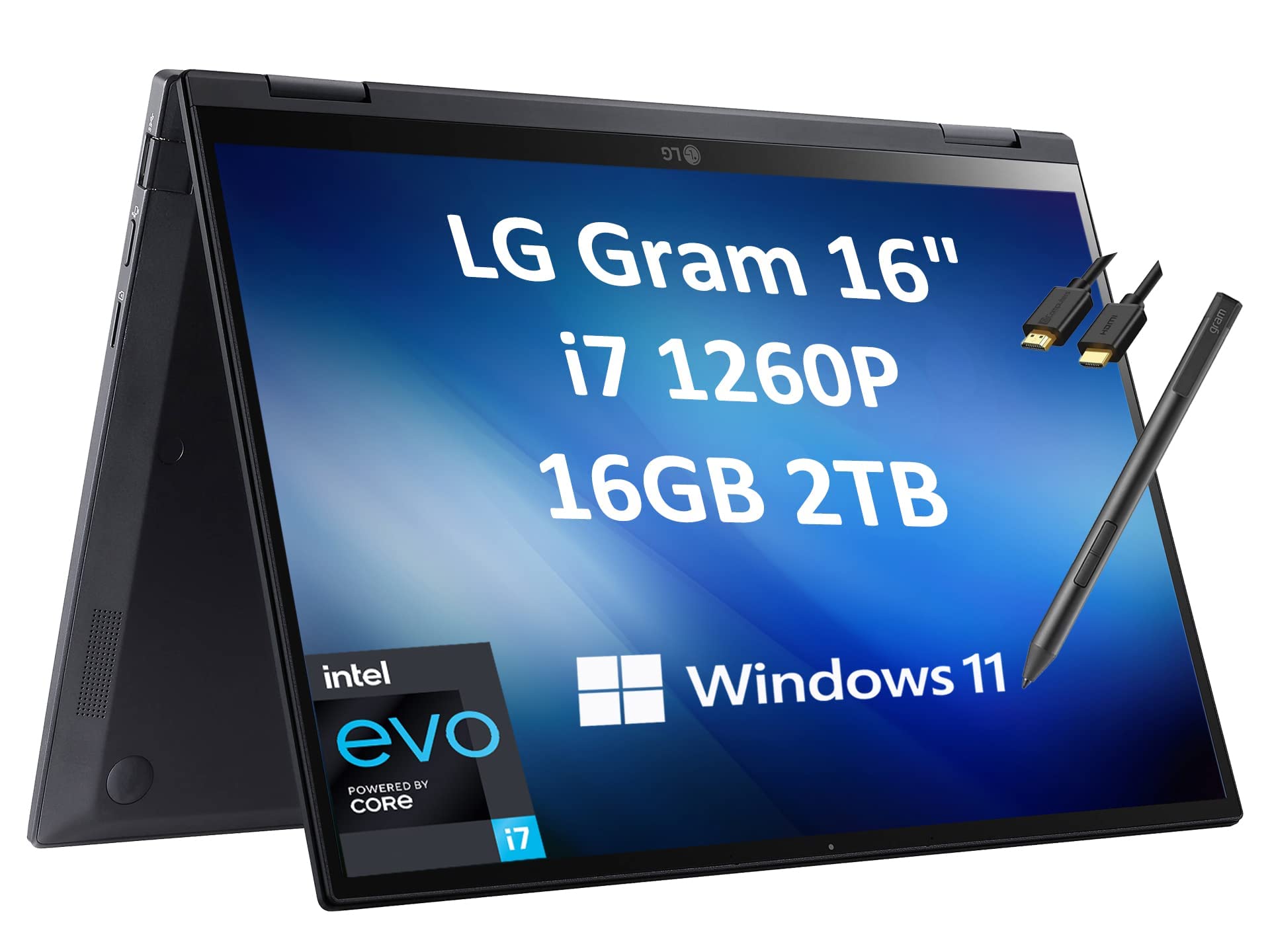 LG Gram 16T90Q 16" WQXGA 2-in-1 Touchscreen (Intel 12th Gen 12-Core i7-1260P, 16GB LPDDR5 RAM, 2TB SSD, Stylus), (2560 x 1600) Business Laptop, Thunderbolt 4, IST Cable, Windows 11 Home, Black