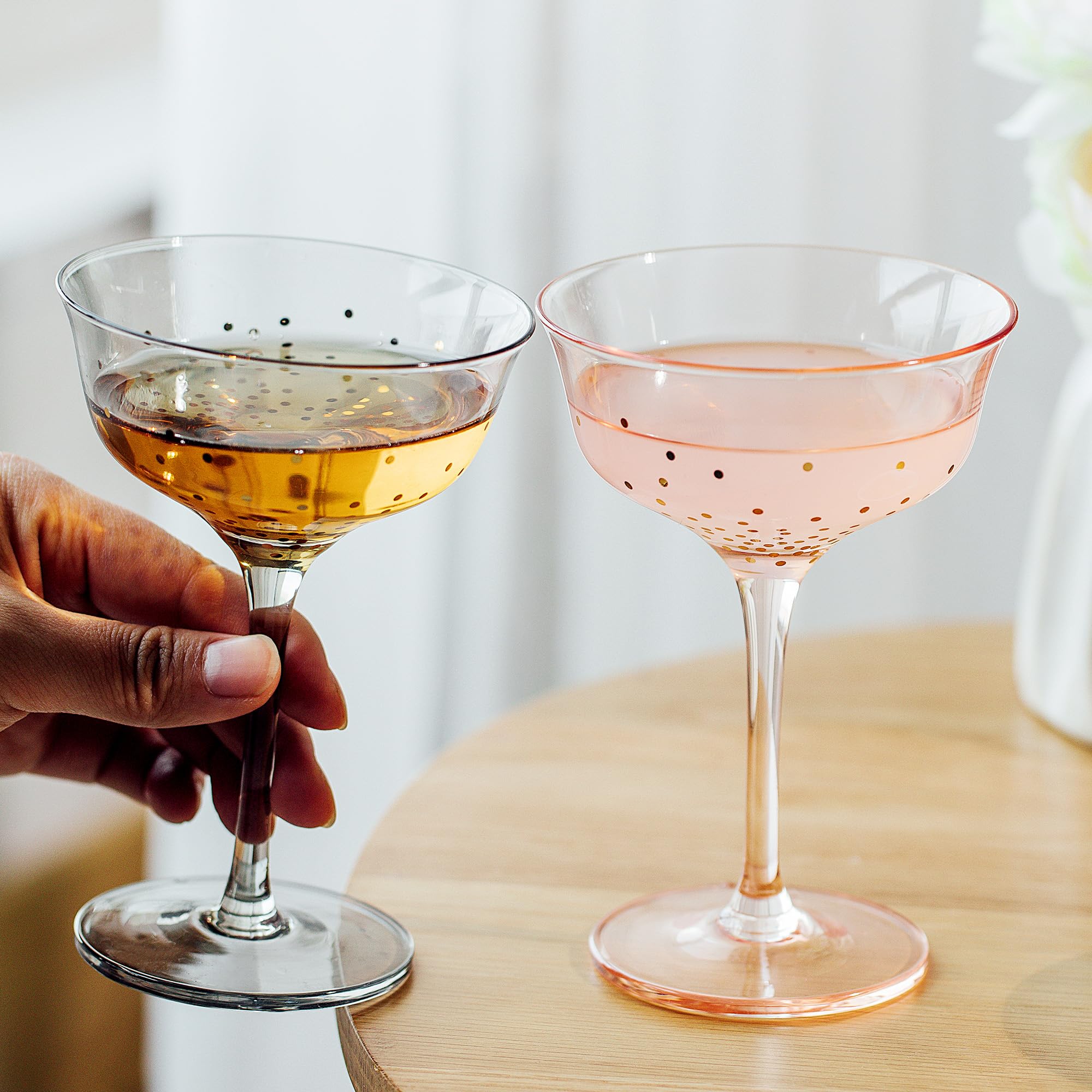 Lysenn Nick and Nora Glasses Set of 2- Exquisite Cocktail Glasses for Martini, Margarita & Champagne - Hand Blown & Vintage Design β Smoke Gray & Blush Pink, 5 fl oz
