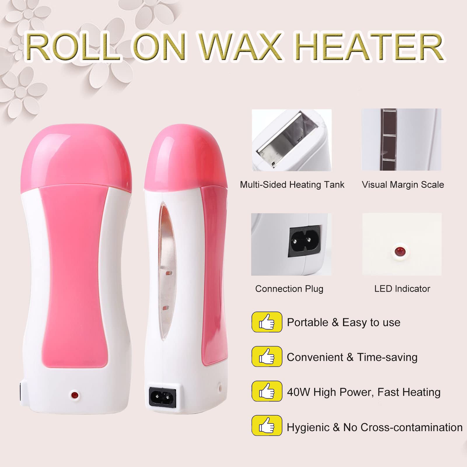 Roll On Wax Kit, Honey Roller Waxing Kit for Sensitive Skin, Hair Removal Roll On Wax Warmer with 2 Wax Roller Cartridge Refill,100 pcs Wax Strips, for Legs Arms and Underarm