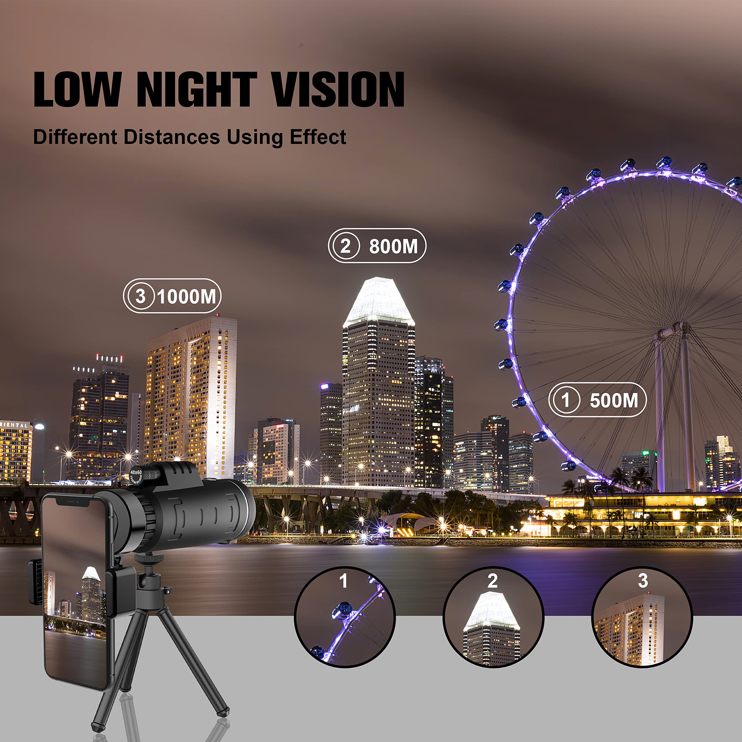 JiaSifu 40x60 High Definition Monocular Telescope with Smartphone Adapter, BAK4 Prism FMC Monocular with Clear Low Light Vision for Wildlife Hunting Camping Travelling(LD006-00A-39)
