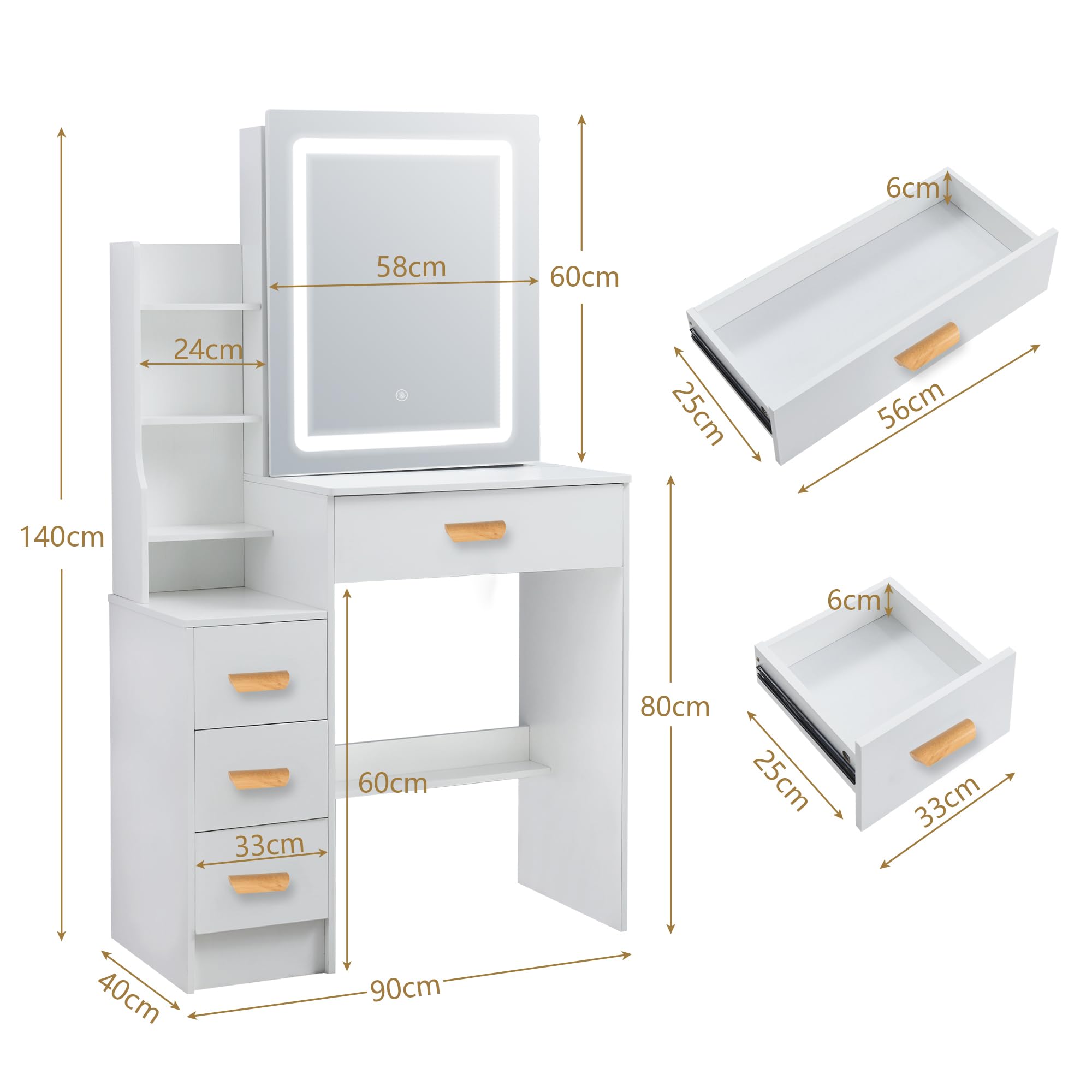 Jarbalai Modern Makeup Table Set with LED Lighted Sliding Mirror, White Vanity Dressing Table with Drawers & Cushion Stool, Large Vanity Set Dresser for Bedroom