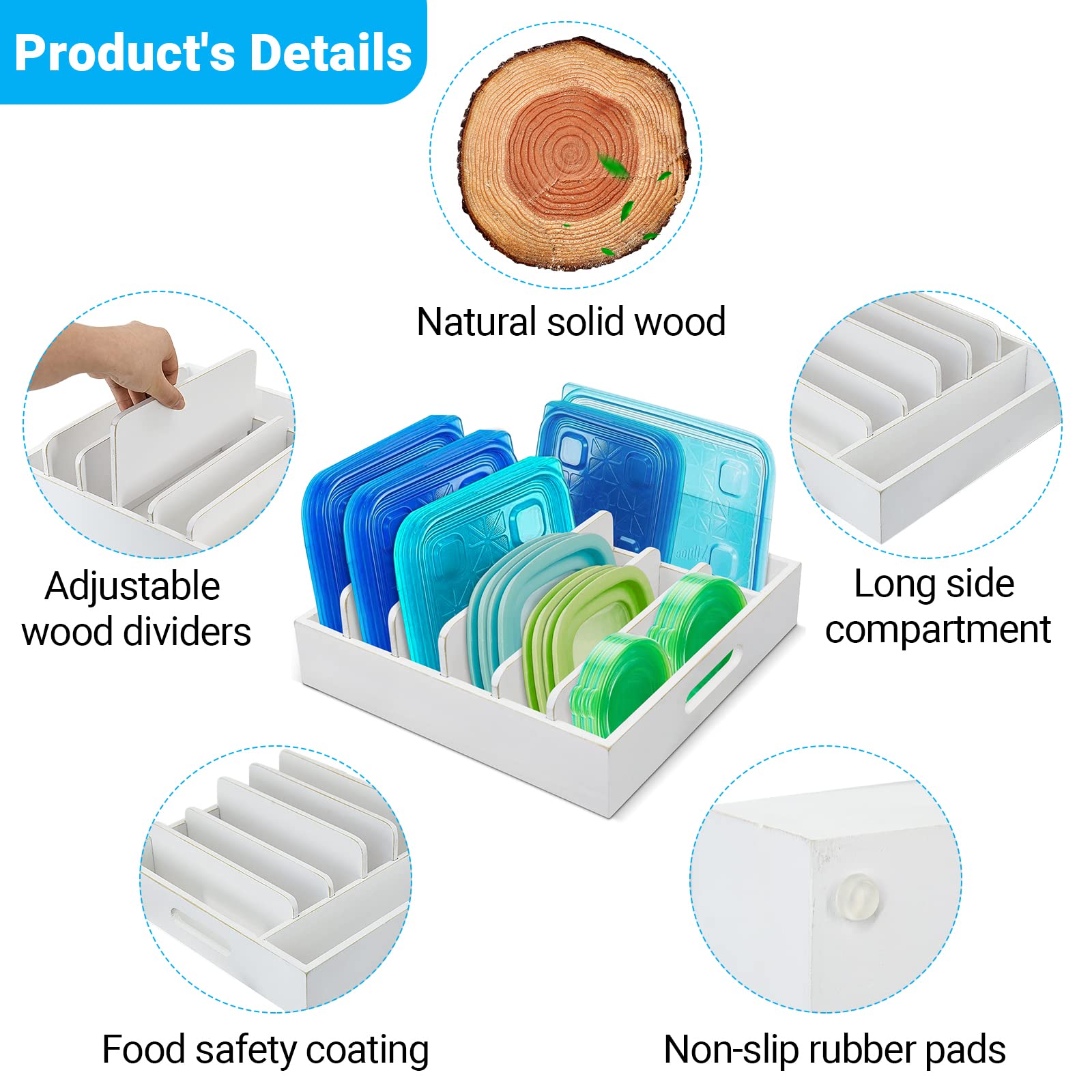 Lid Organizer for Plastic Lids, Food Containers Lid Organizer for Cabinet, Large Capacity Lid Holder Includes 5 Adjustable Dividers and 1 Big Divider, Wood Kitchen Cabinet Lid Organizers for Drawer