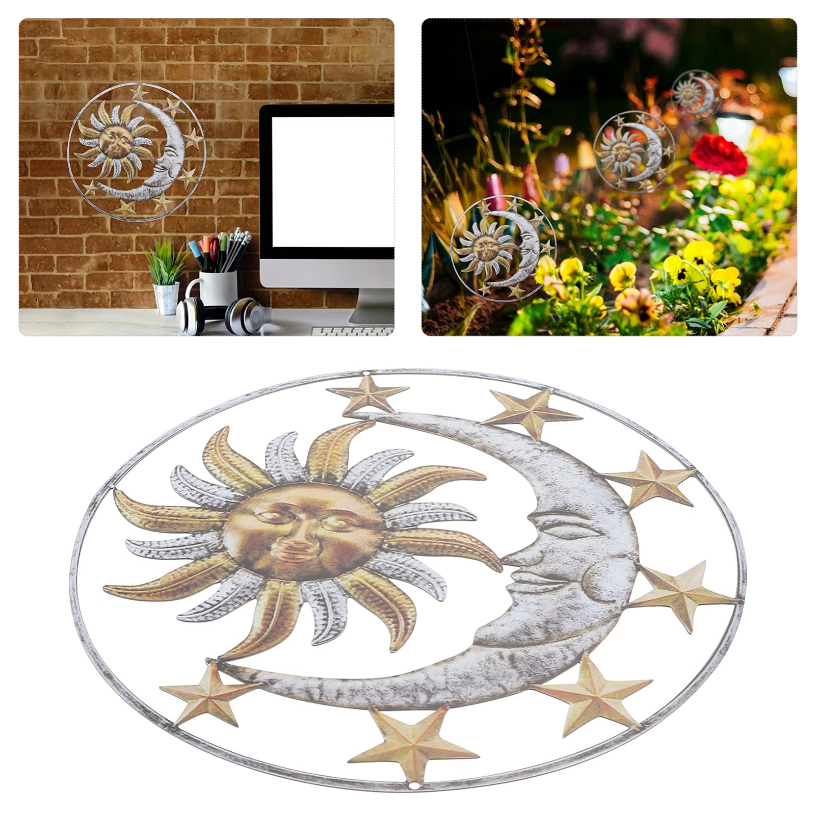 Operitacx Metal Sun Moon Star Wall Art Sun Face Wall Sculptures Hanging Decor Artistic Farmhouse Decoration for Outdoors Kitchen Patio Porch