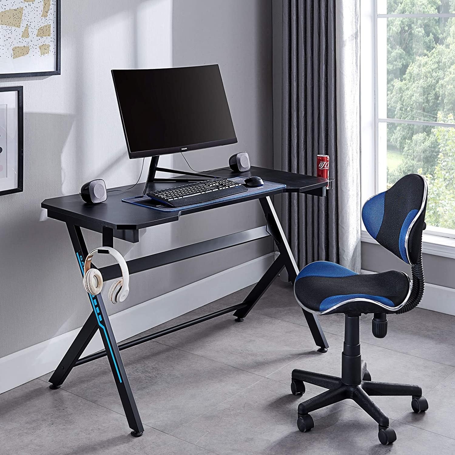 JJS 48" Home Office Gaming Computer Desk with Cable Management, R Shaped Large Gamer Workstation PC Table with Cup Holder Headphone Hook Mouse Pad, Black Manufacturer Brand Name