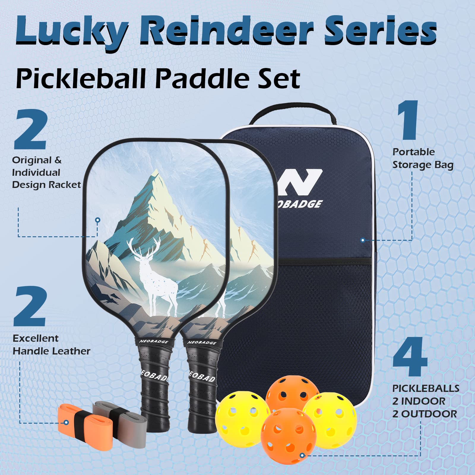 Neobadge Pickleball Paddles,Fiberglass Pickle Ball Paddle Set of 2 Rackets and 4 Pickle Balls+2 Replacement Soft Handle+1 Carrying Case,Best Pickleball Paddle Sets