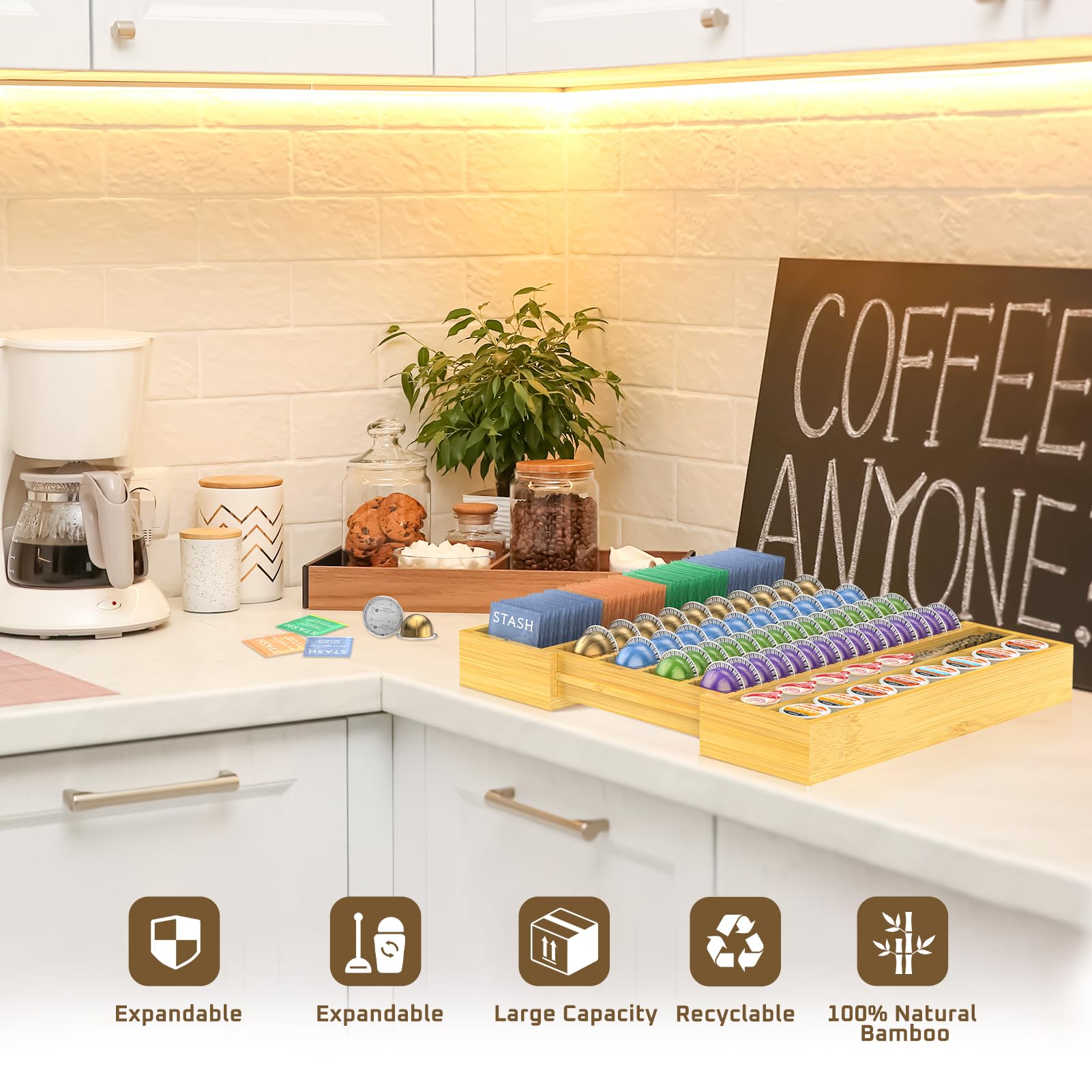 KMOTASUO Bamboo Coffee Pod Storage Holder Drawer Insert, Expandable Coffee Pods Organizer for Counter, Compatible with Vertuo Vertuoline Capsules for Kitchen Coffee Station (Expandable)
