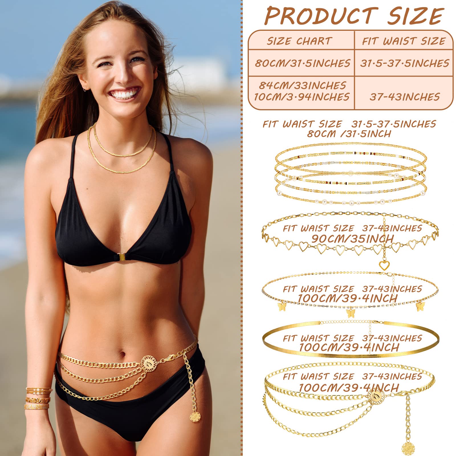 JenPen 8 Pcs Belly Chain Adjustable Elastic Waist Chain Boho African Waist Beads for Women Butterfly Heart Body Chain Multilayer Gold Chain Belt Bikini Jewelry, One Size