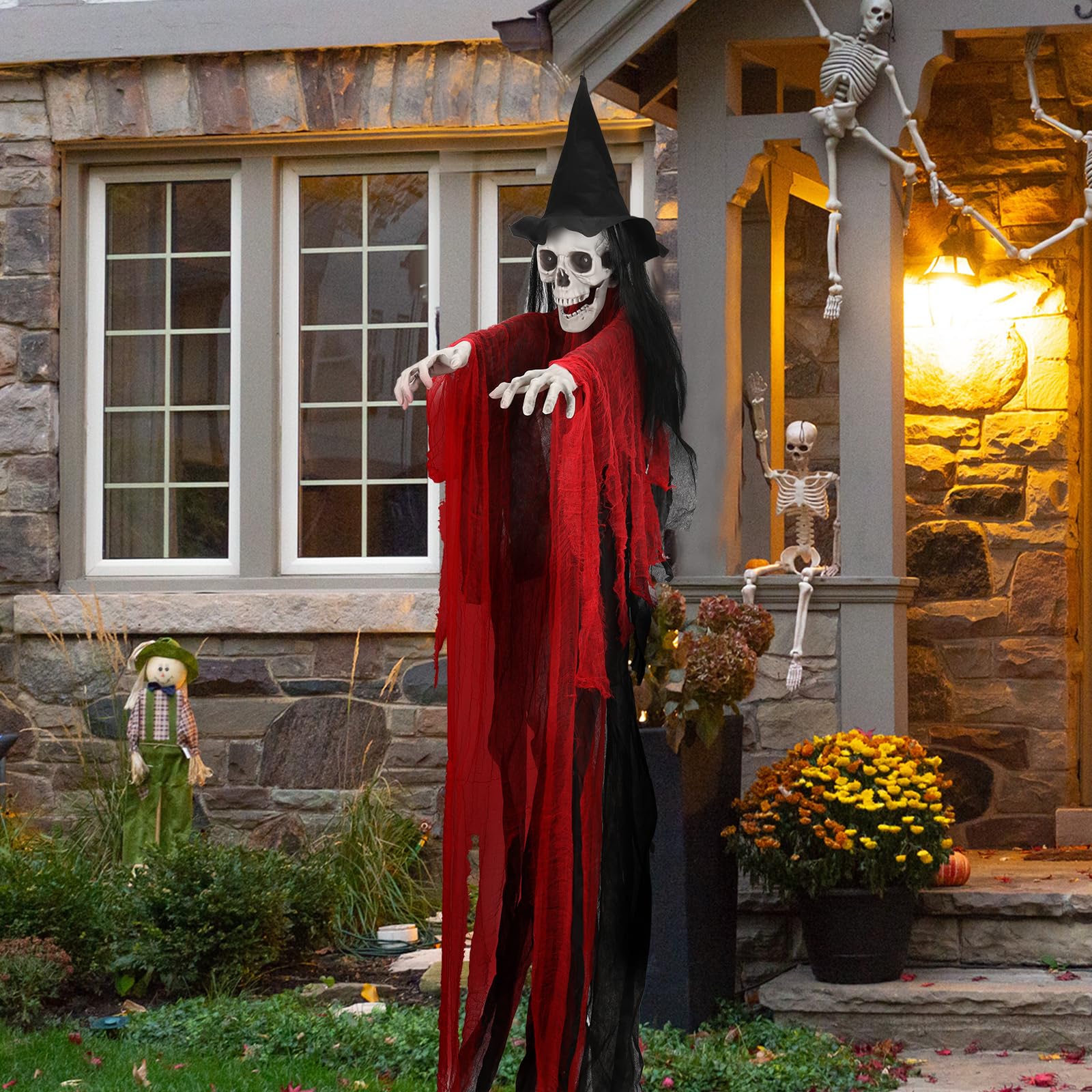 Lemon Legend Hallowen Decorations Outdoor - 78” Moving Life-Size Skeleton Witch with Glowing Eyes & Chilling Sounds - Sound & Touch Activated Sensor - Animatronic Scary Props Decor for Halloween