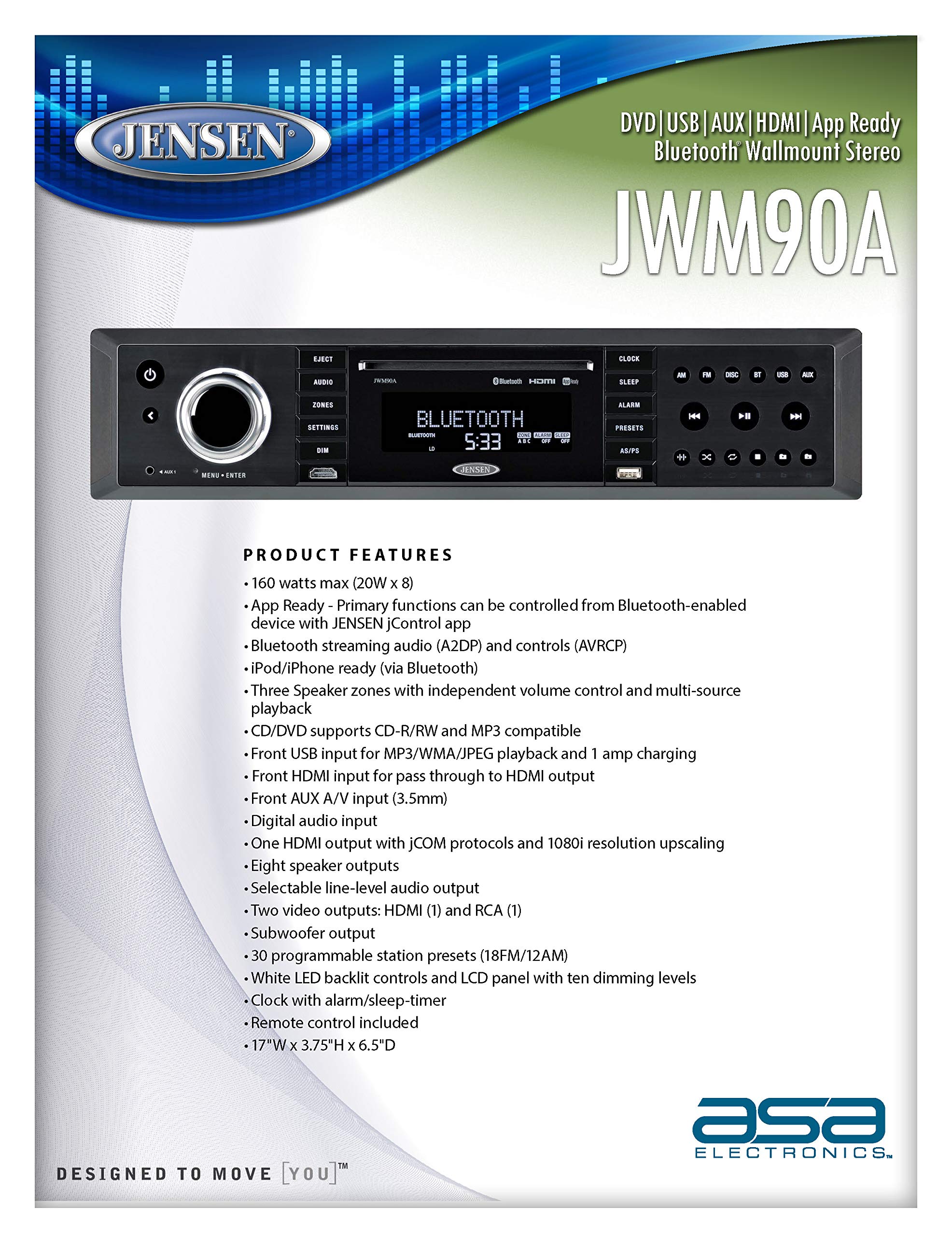 Jensen JWM90A Slimline 3-Zone Source Theater-Style Bluetooth Wallmount Stereo with App Control, DVD/CD-R/RW & MP3 Compatible, Dual HDMI Video Output, HDMI ARC, USB Play MP3/WMA Files, Rear RCA In/Out