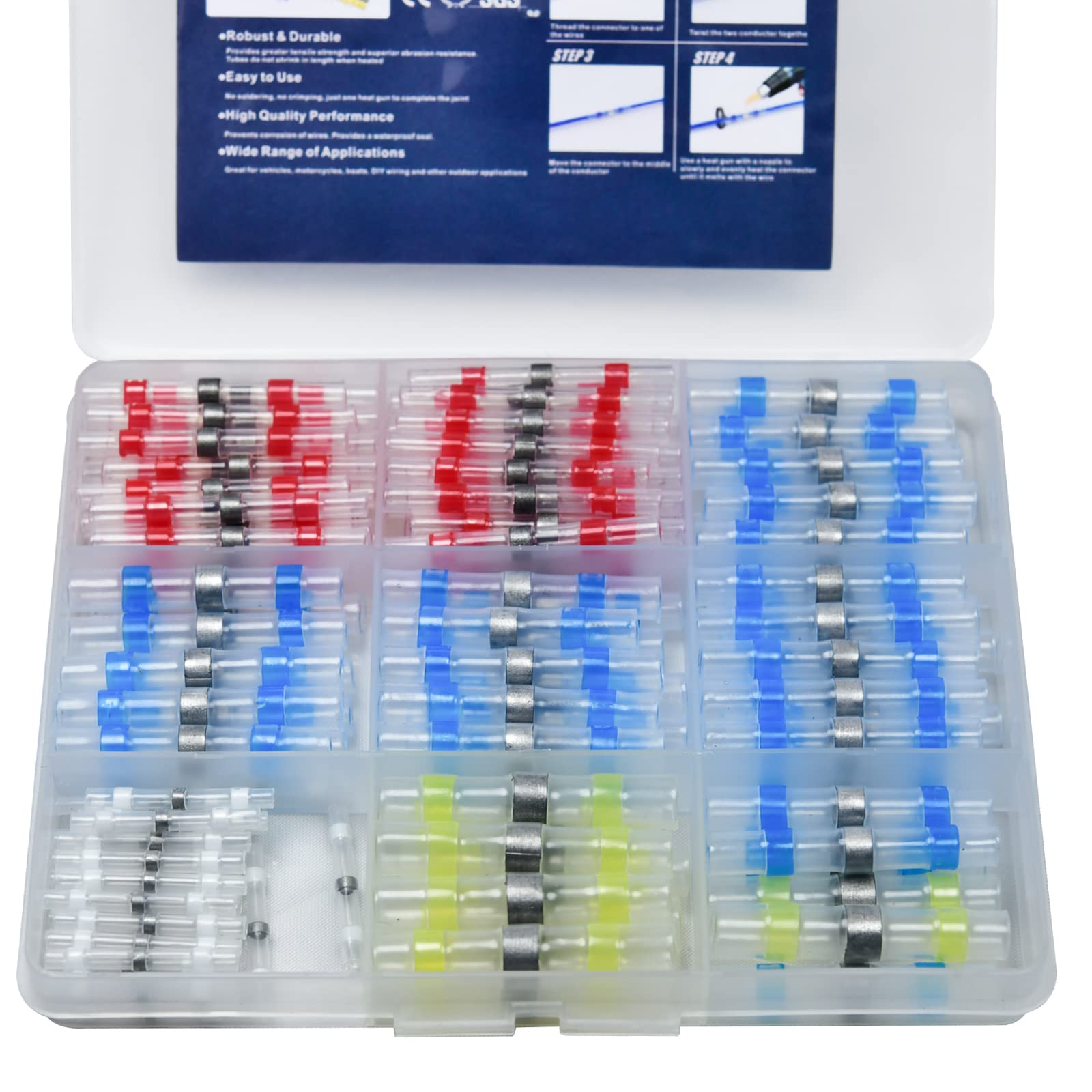 Qkendy 140pcs Solder Seal Wire Connectors, Heat Shrink Butt Wire Connectors, Multi-Purpose Electrical Terminal Kit, Insulated Electrical Butt Splice Wire Terminals for Automotive Marine Boat
