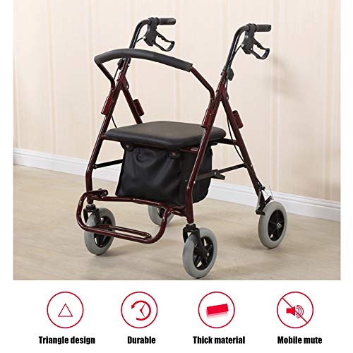 Rollator Walker Wheelchair - 2 in 1 Rolling Walker Transport Chair for Seniors - Folding Walking Aid with Seat - Supports 100kg/220lbs(Colour: Red)
