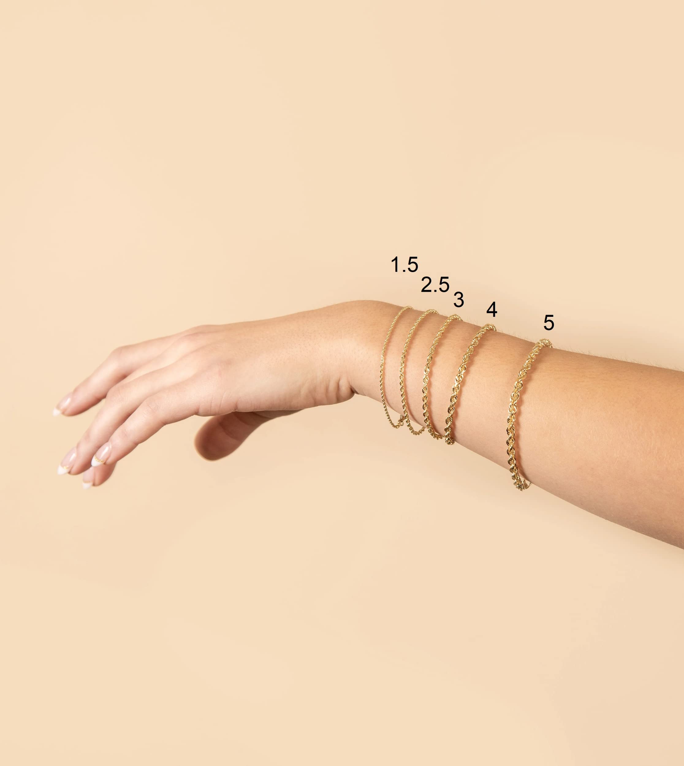 Olive & Chain 14k Solid Gold Rope Chain Bracelet for Men/Women, Diamond Cut, Yellow Gold, Hypoallergenic, Lobster Clasp Closure