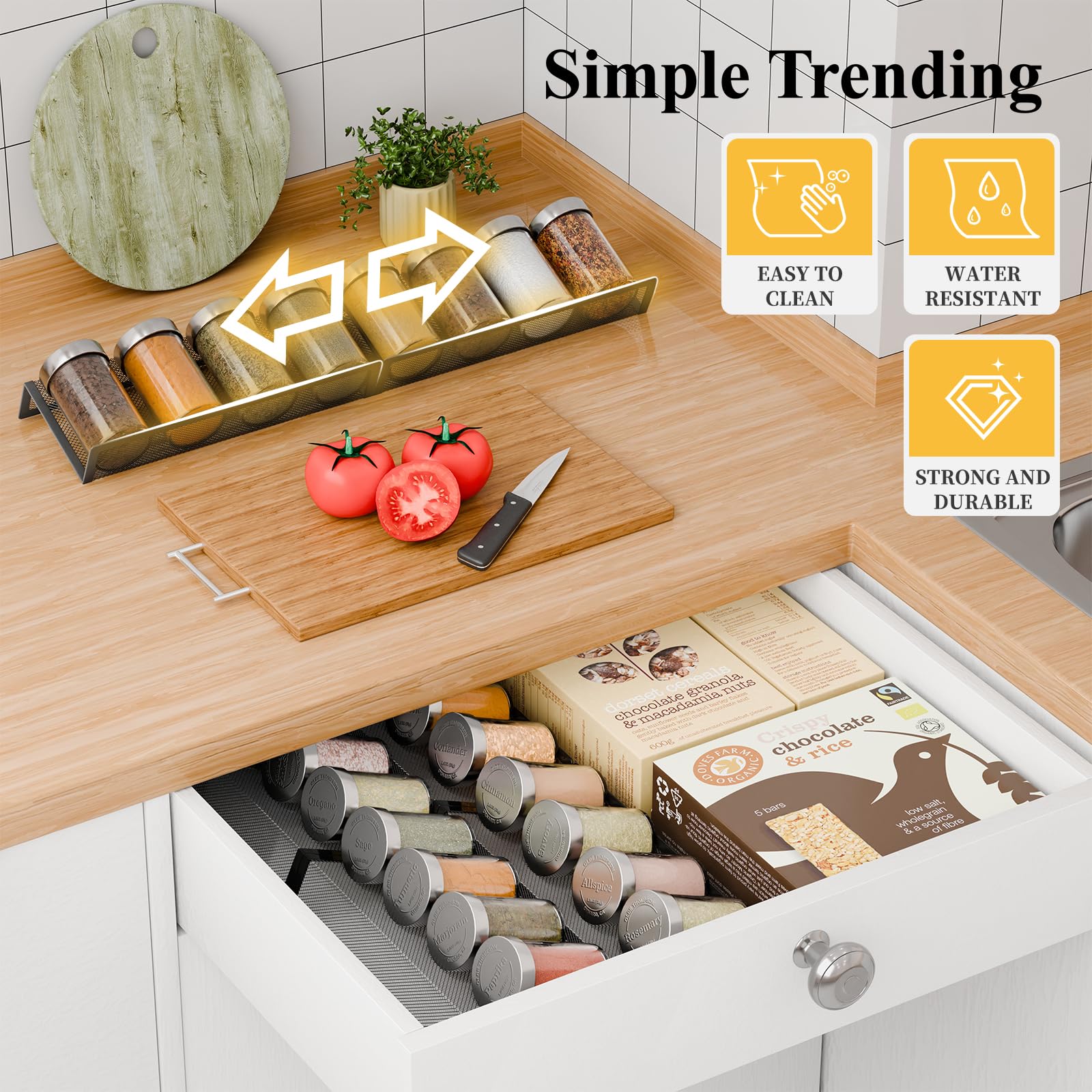 Simple Trending Spice Drawer Organizer,8 Piece Metal Mesh Expandable from 10.75" to 21.5" Insert,Hold up 48 Spice Jars Kitchen Countertop Rack Tray,for Drawer/Countertop (Jars not included)