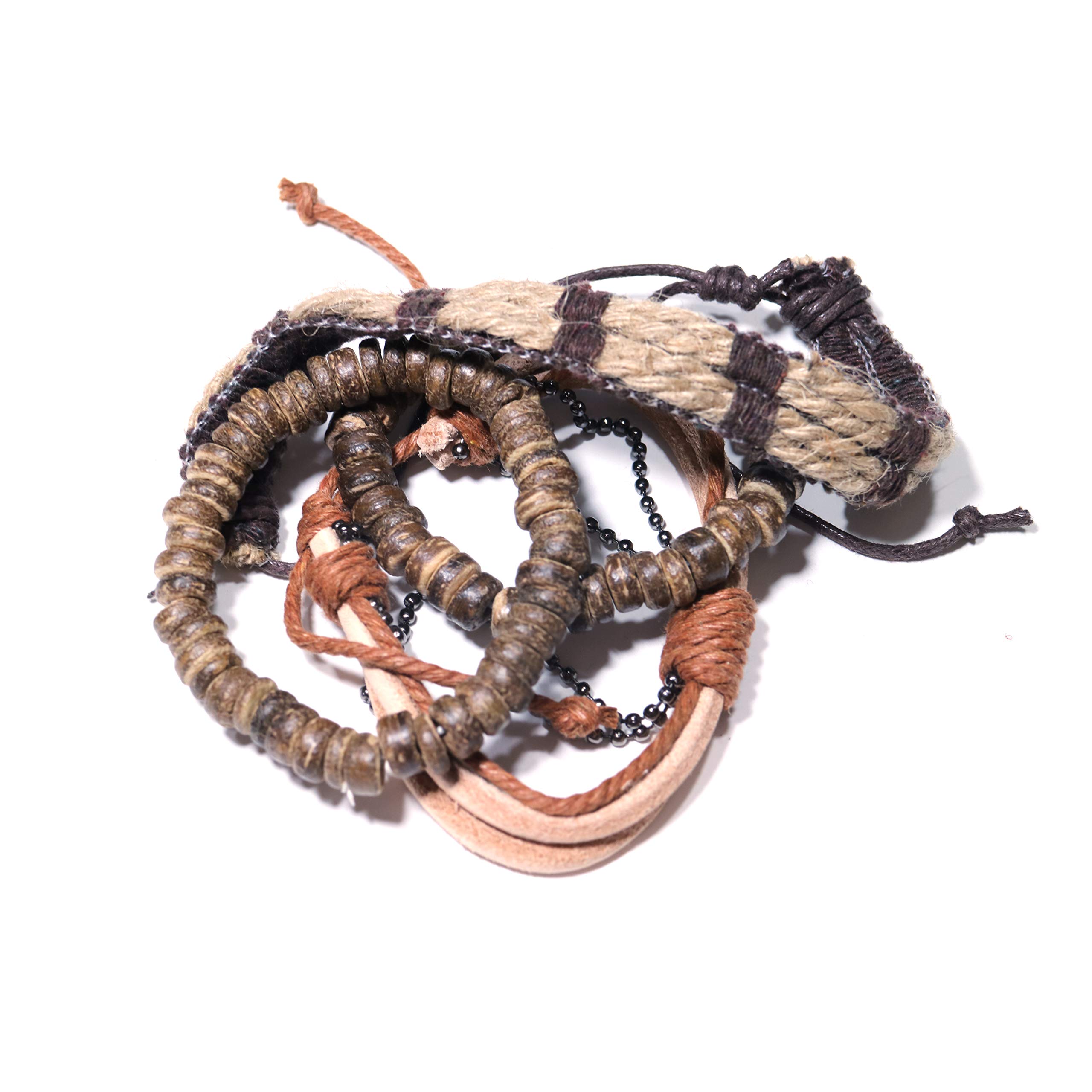 Leather Stack Bracelet for Women or Men, Hemp, Coconut Shell Beads, Waxed cord, Metal Beads, Leather cord