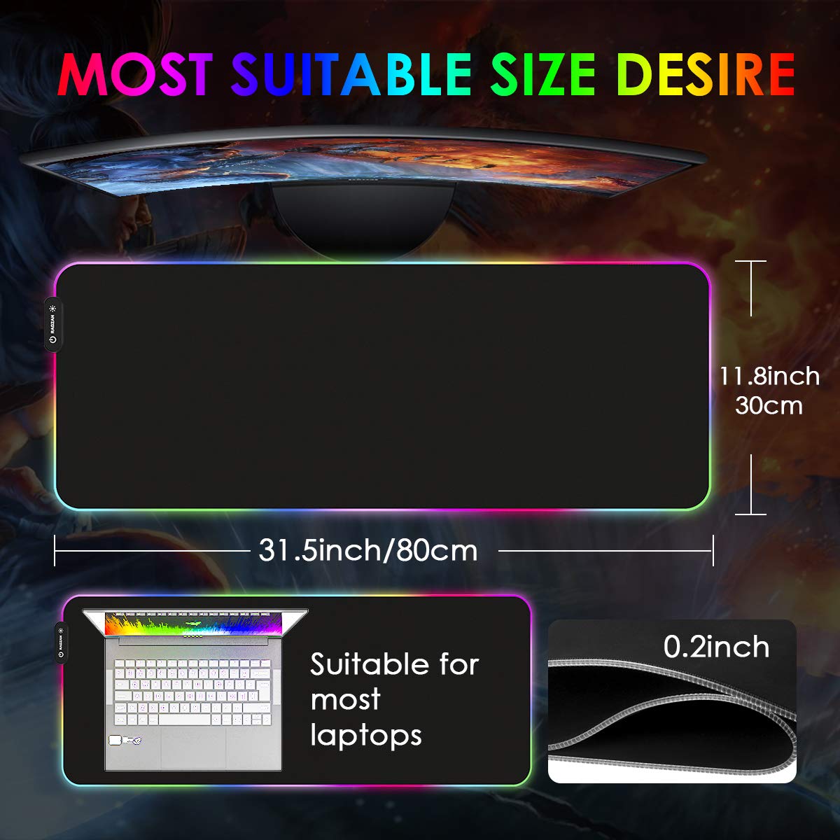 Large RGB Gaming Mouse Pad Led Extended XXL Soft Mousepad with 14 Lighting Mode, Anti-Slip Rubber Base Computer Key Board Mouse Mat for PC Gamer/Laptop Gamer/Officer(31.5×11.8×0.16 inch)