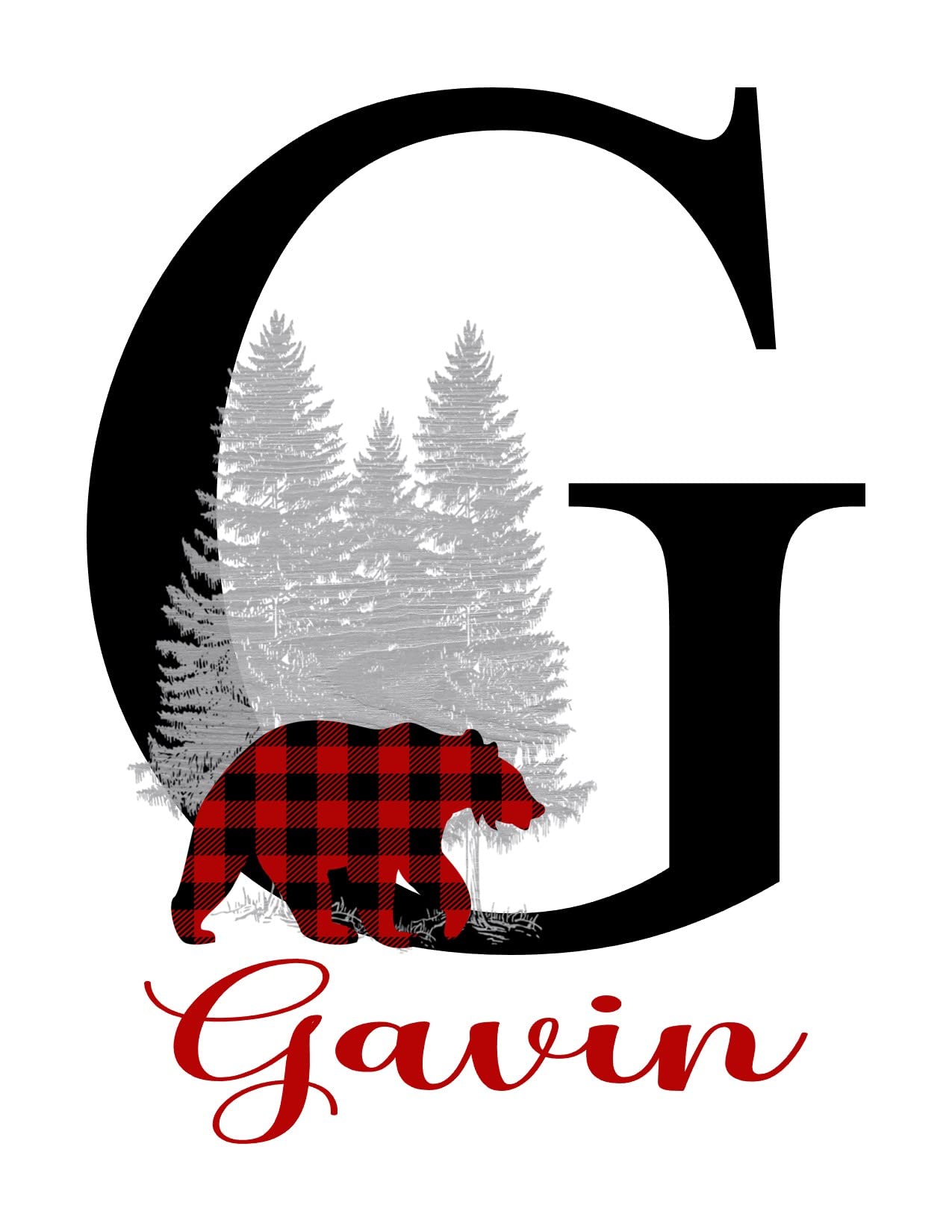 Personalized Woodland Bear Buffalo Plaid Baby Boy Nursery Decor Unframed Print - Baby Name Letter Initial Monogram