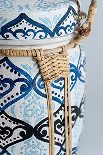 Siam Sawadee White Weaved Bamboo Rice Basket, Hand Woven Thai Rattan Jar, Handcrafted Traditional Household Wicker Container, Moroccan Pattern Painted, Handmade in Thailand, 7x12 inches