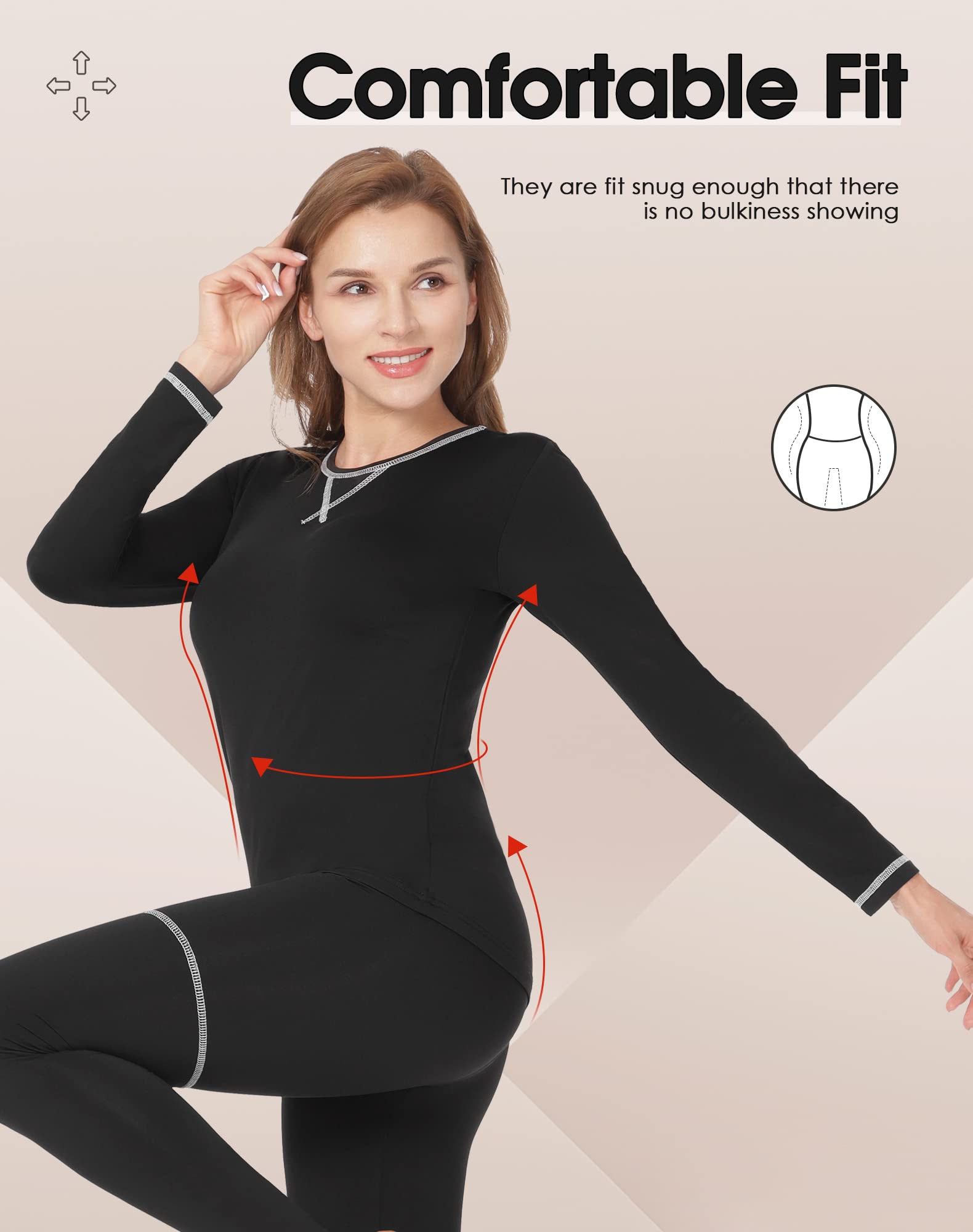 MANCYFIT Womens Thermal Tops Fleece Lined Long Sleeve Shirt Stretch Base Layer Undershirt Black and White Lines 3X-Large