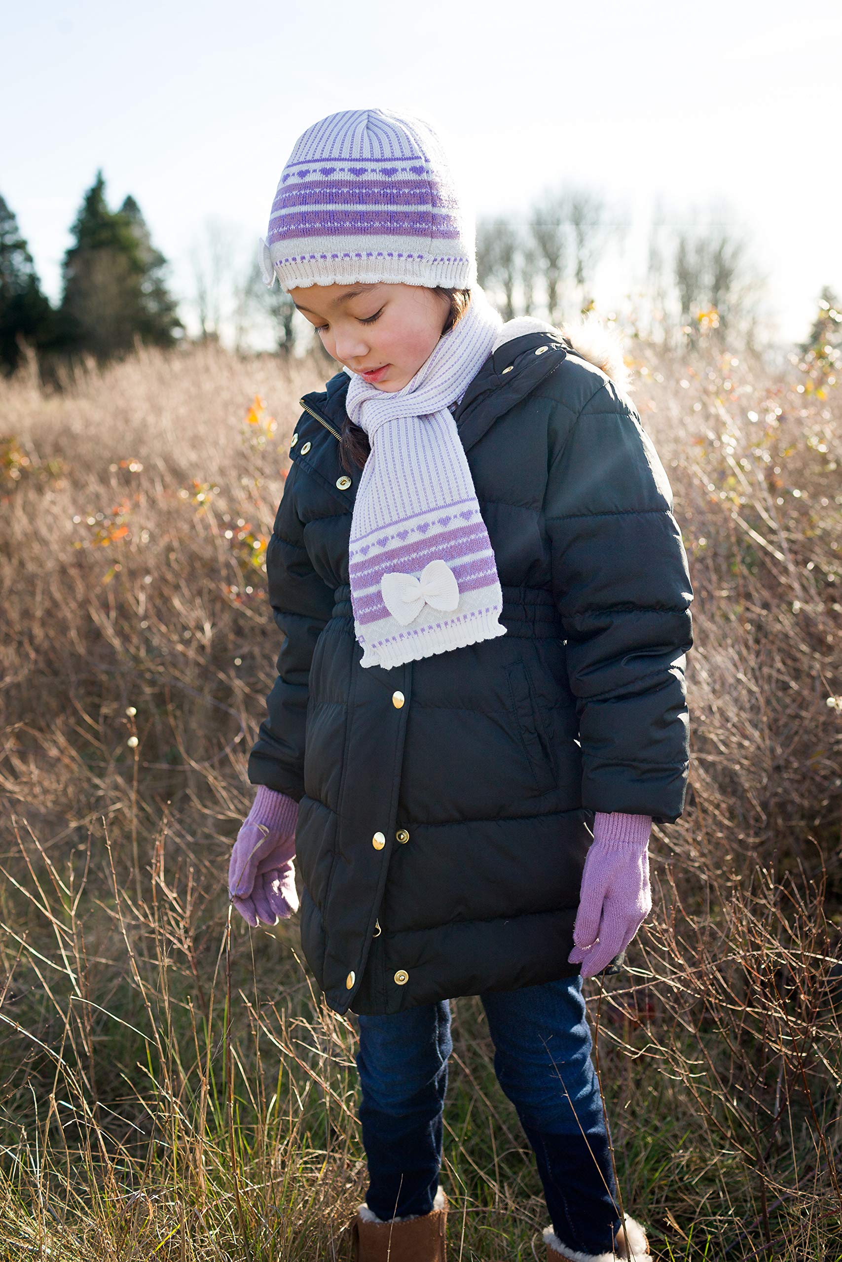 Kids Jacquard Knit Winter Hat with Bow, Scarf and Glove Set Lavender for Girls