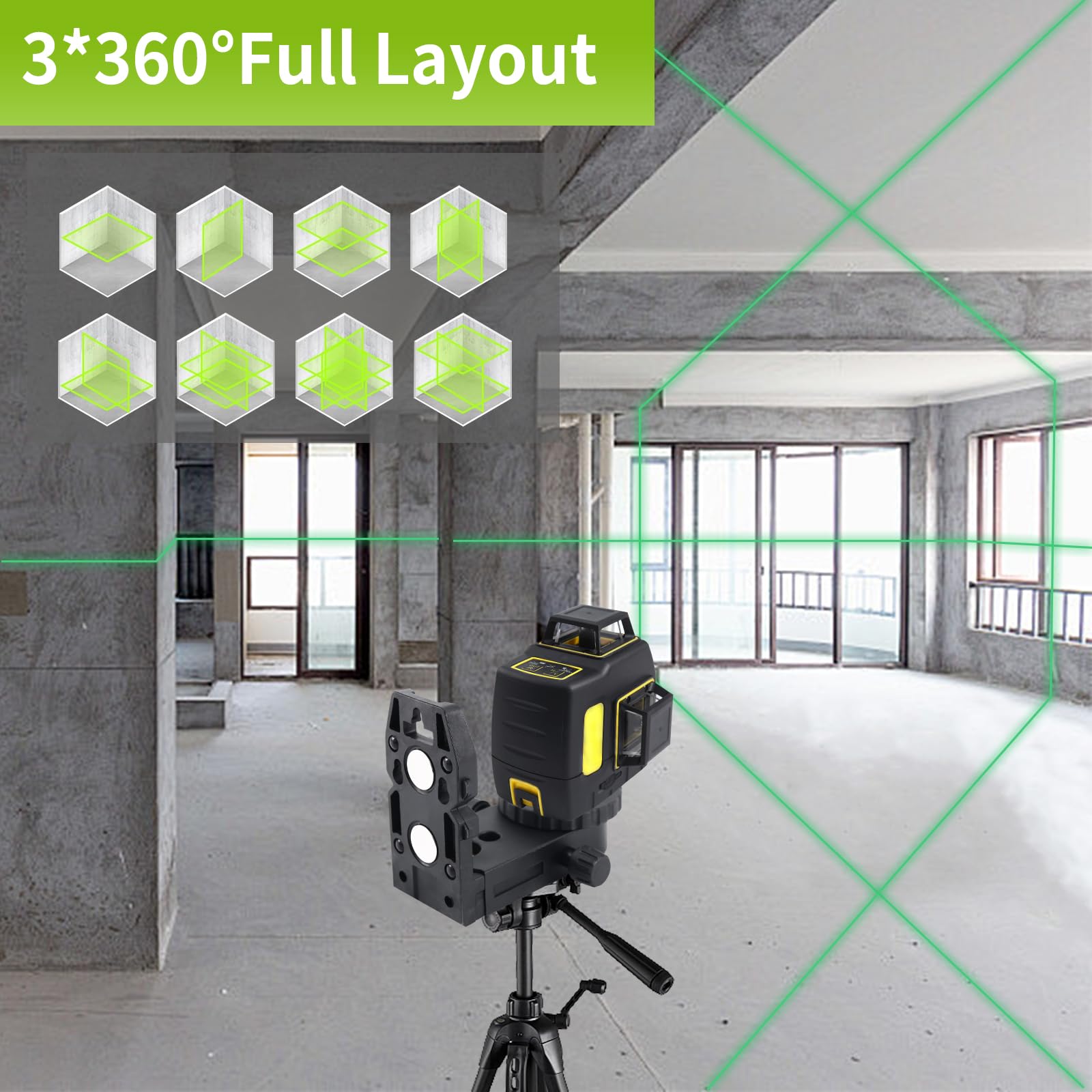 Laser Level, 3x360 3D Green Laser Level for Construction, 3 Plane Leveling and Alignment Cross Line Laser Level Self Leveling Kit, Laser Level Tool with 12 Lines, class II, 1mW