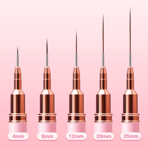 Komall Nail Art Liner Brushes, 5Pcs Painting Nail Art Brush Set Nail Dotting Drawing Tool for Long Lines, Thin Details, Fine Drawing Sizes 4/8/12/20/25mm(Pink)