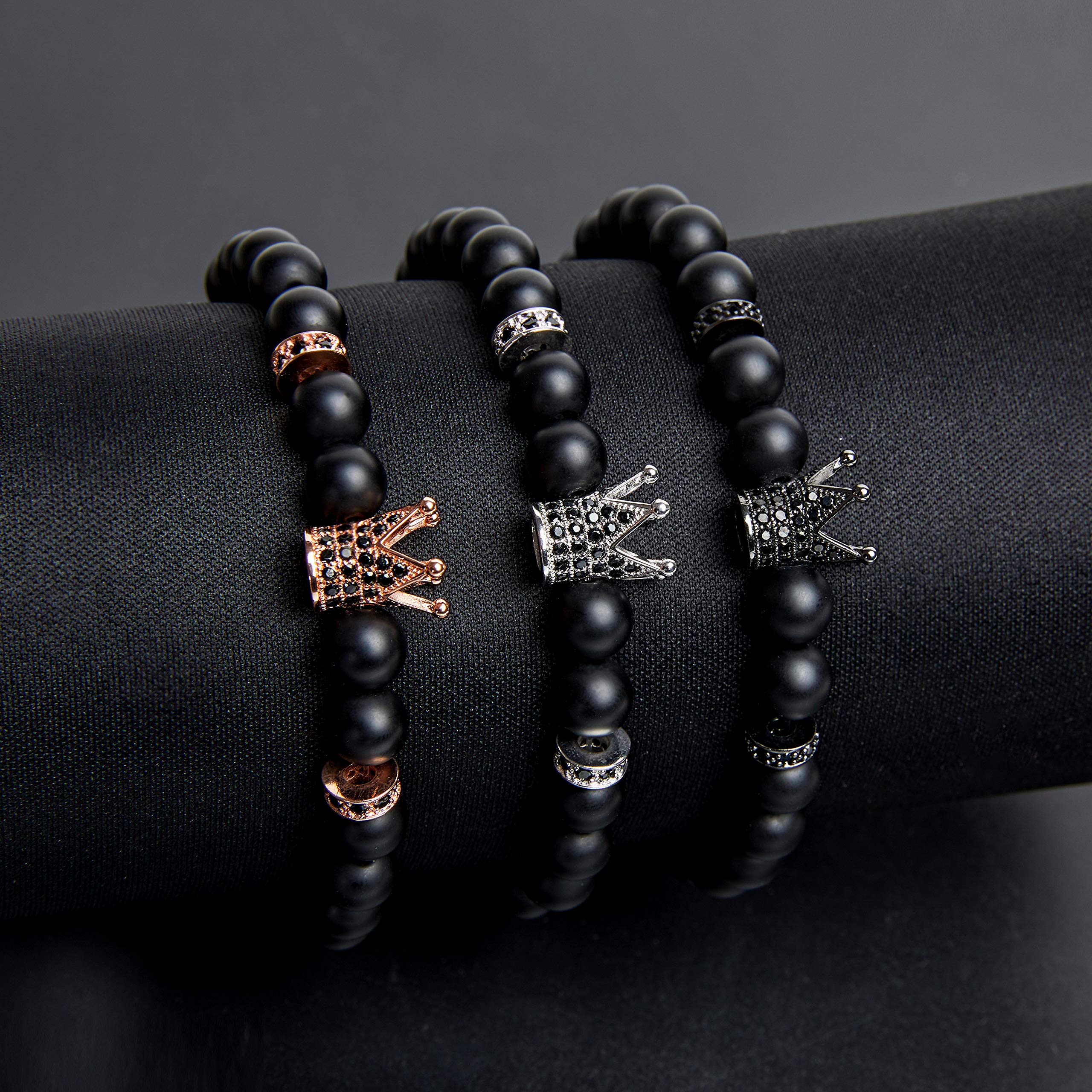 KAMRESH 8mm Beads Bracelets Black Matte Onyx Stone Bracelet Sets Charm King Crown for Women Men Jewelry