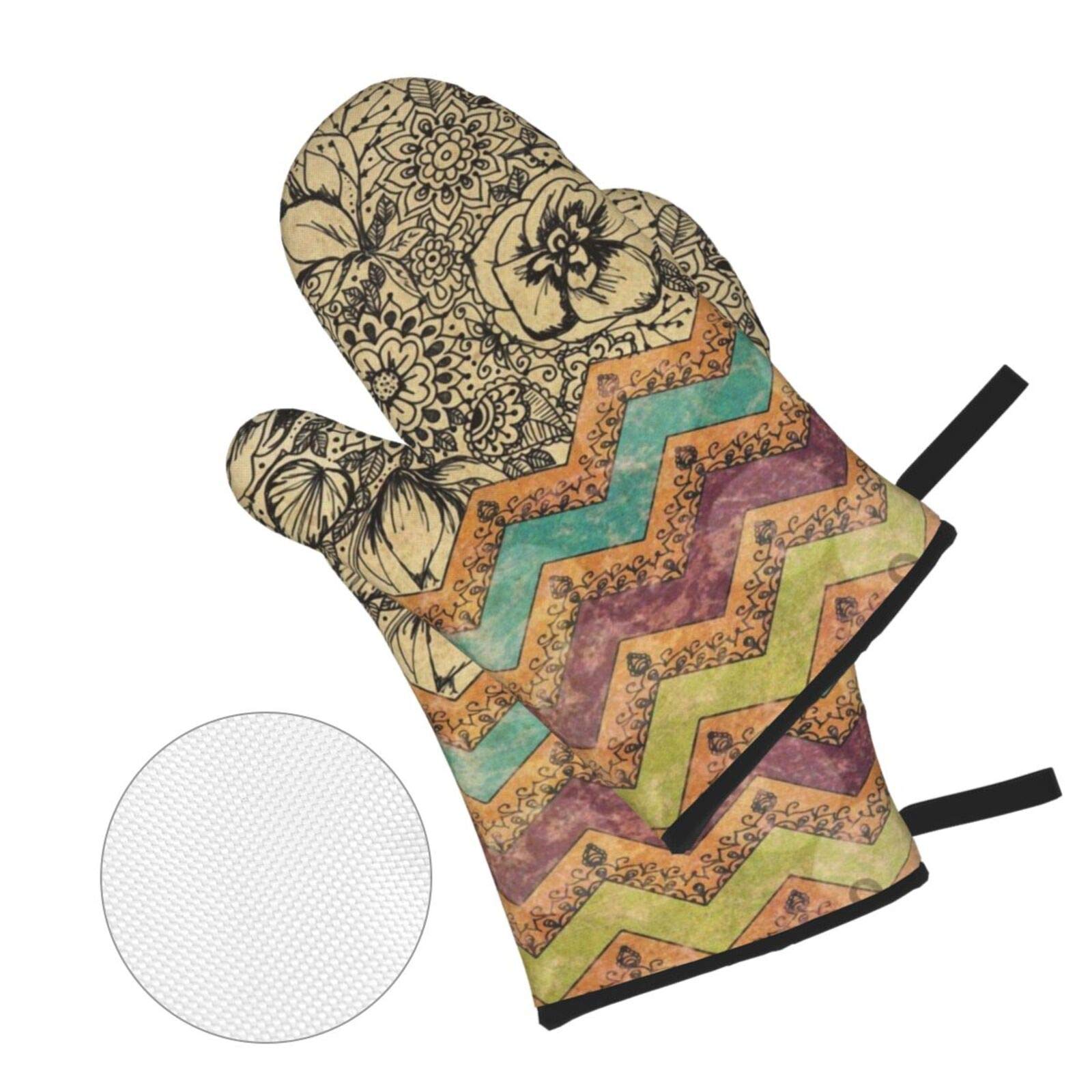 KLATIE Boho Oven Mitts and Pot Holders Sets of 4, Heat Resistant Hot Pad, Bohemian Style BBQ Gloves for Kitchen, Cooking, Baking, Grilling