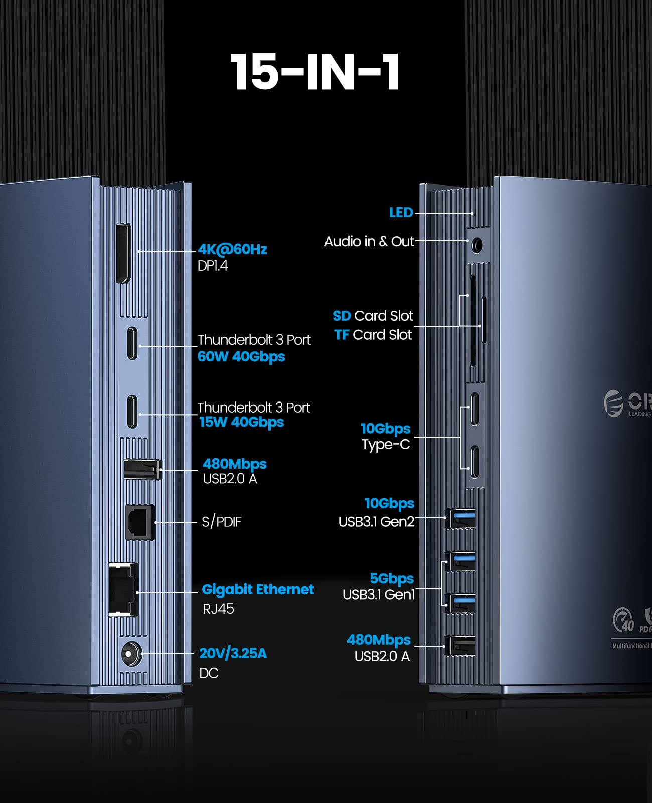 ORICO Thunderbolt 3 Docking Station 15-in-1 40Gbps Dock for Thunderbolt Laptops, 60W Charging Power for Laptop, 15W for Phone, 10 Gbps USB-C Data, Dual 4k HDMI, Gigabit Ethernet, S/PDIF OUT,Audio