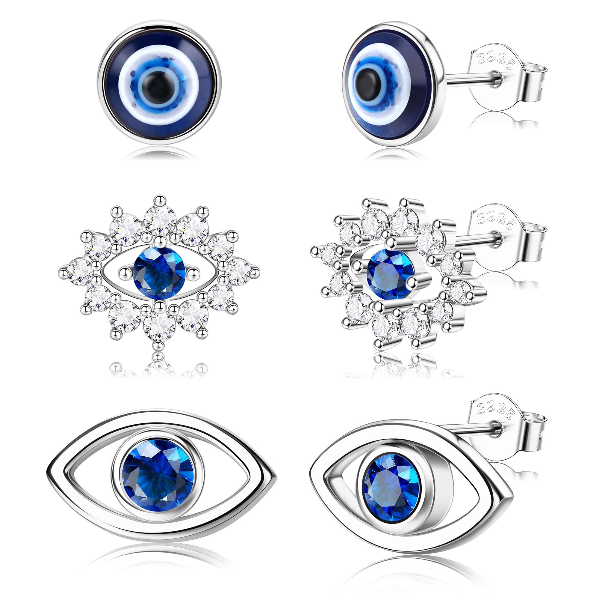 MUSECLOUD Evil Eye Earrings for Women White Gold Plated 925 Sterling Silver Evil Eye Stud Earrings Minimalist Blue CZ Eye Earrings Protection Jewelry (Silver)
