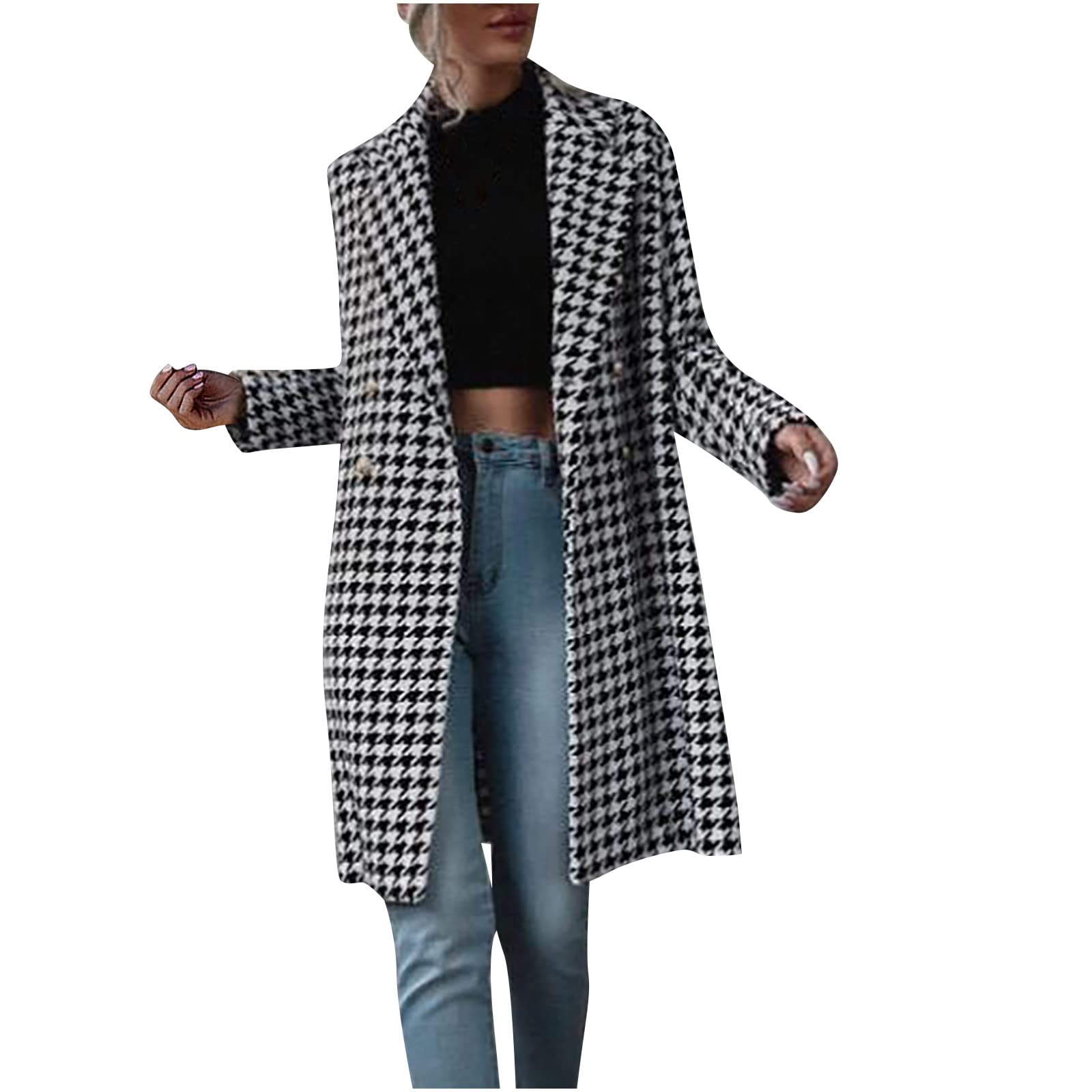 Mimacoo Houndstooth Woolen Jacket with Womens Long Sleeve Lapel Winter Coats Double Breasted Pockets Long Overcoat Black