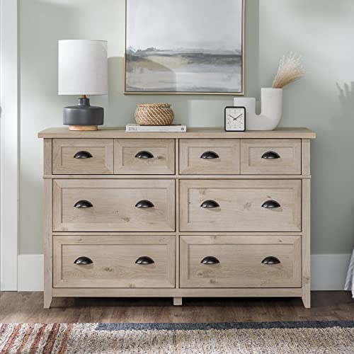 Walker Edison Modern Farmhouse 6-Drawer Framed Dresser with Half-Moon Handles, 52 Inch, White Oak