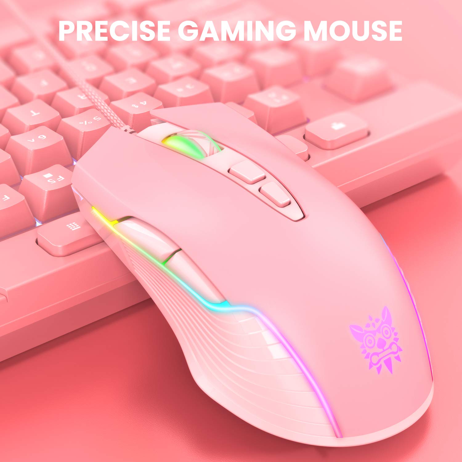 NEWSTYP Cute RGB 6400 DPI Wired Gaming Mouse Breathing LED Optical USB 7 Buttons Gamer Computer Pink Mice for Laptop PC Desktop (Black)