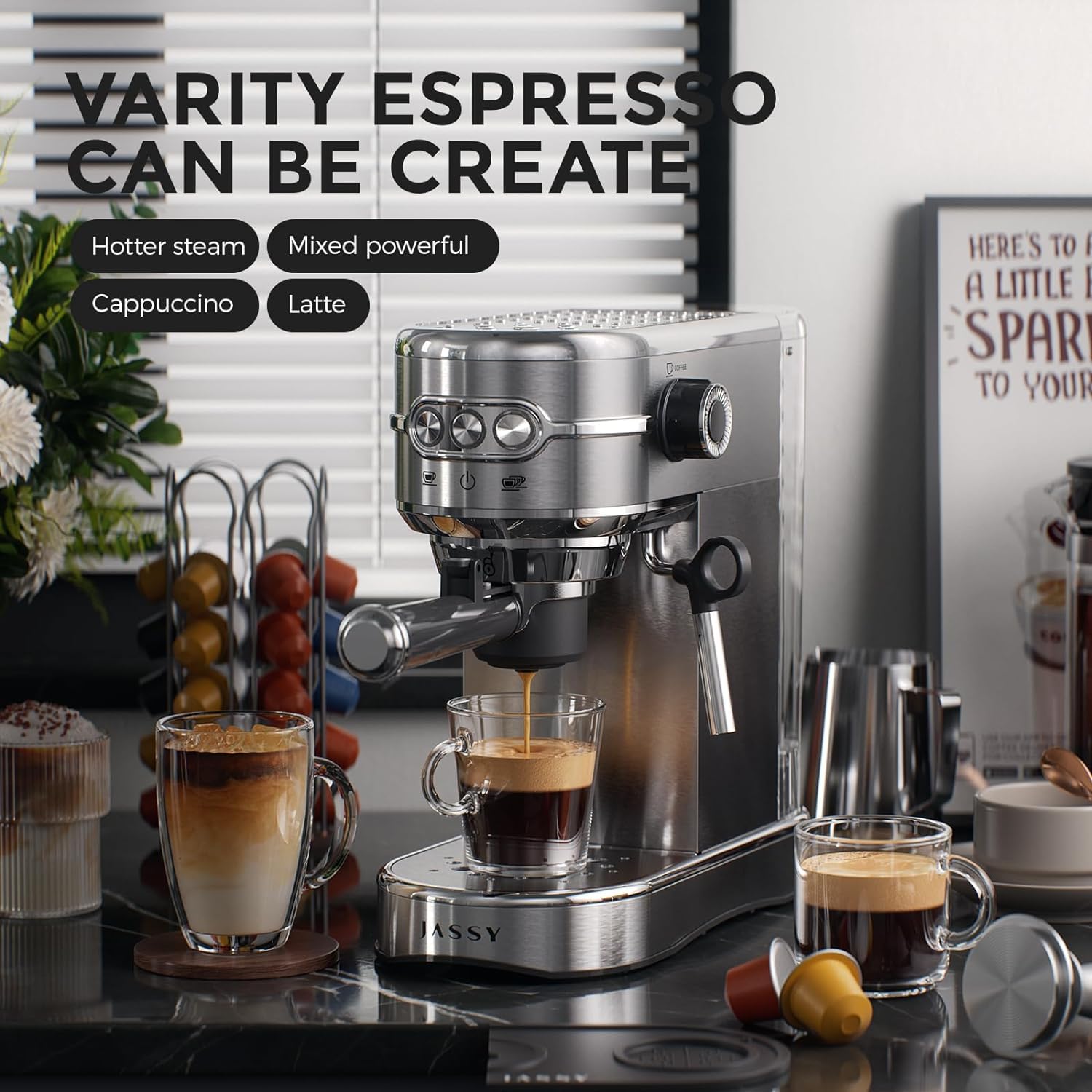 JASSY Espresso Maker Latte Makers 20 Bar Cappuccino Machine Compatible for NS Original Capsules with Milk Frother for Espresso/Cappuccino/Latte/Mocha/NS Capsules for Home Brewing