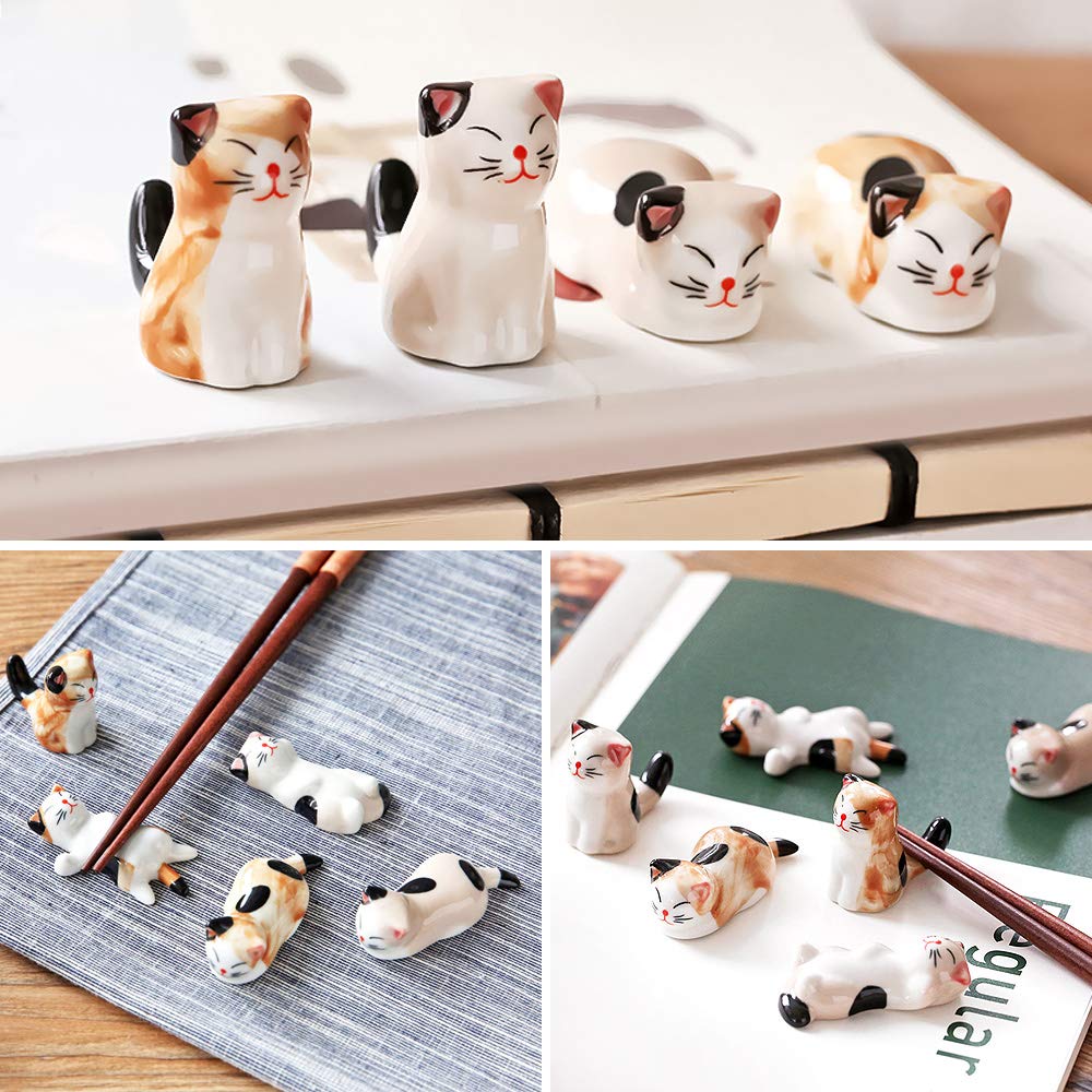 NaiHey 5 Pairs Chopsticks and Chopstick Rest Set, 6 Cute Lucky Cats Rest, Classic Japanese Style light and handy Reusable Natural Bamboo Dishwasher, Classic Gift Sets