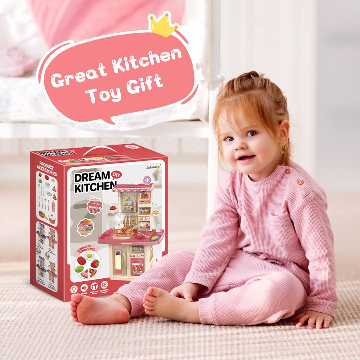 Kids Kitchen Playset, 34" Kitchen Set for Kids Ages 3-5 with Realistic Lights & Sounds, Simulation of Spray, includes Toy Kitchen Accessories, Pretend Play Kitchen Toy