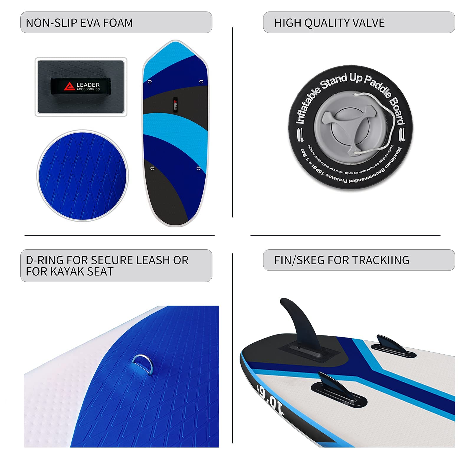 Leader Accessories Inflatable Stand Up Paddle Board 10'6"x33"x6" ISup for All Skill Levels with SUP Accessories Including Adjustable Paddle, Backpack, Leash, Hand Pump (Rainbow - Blue)