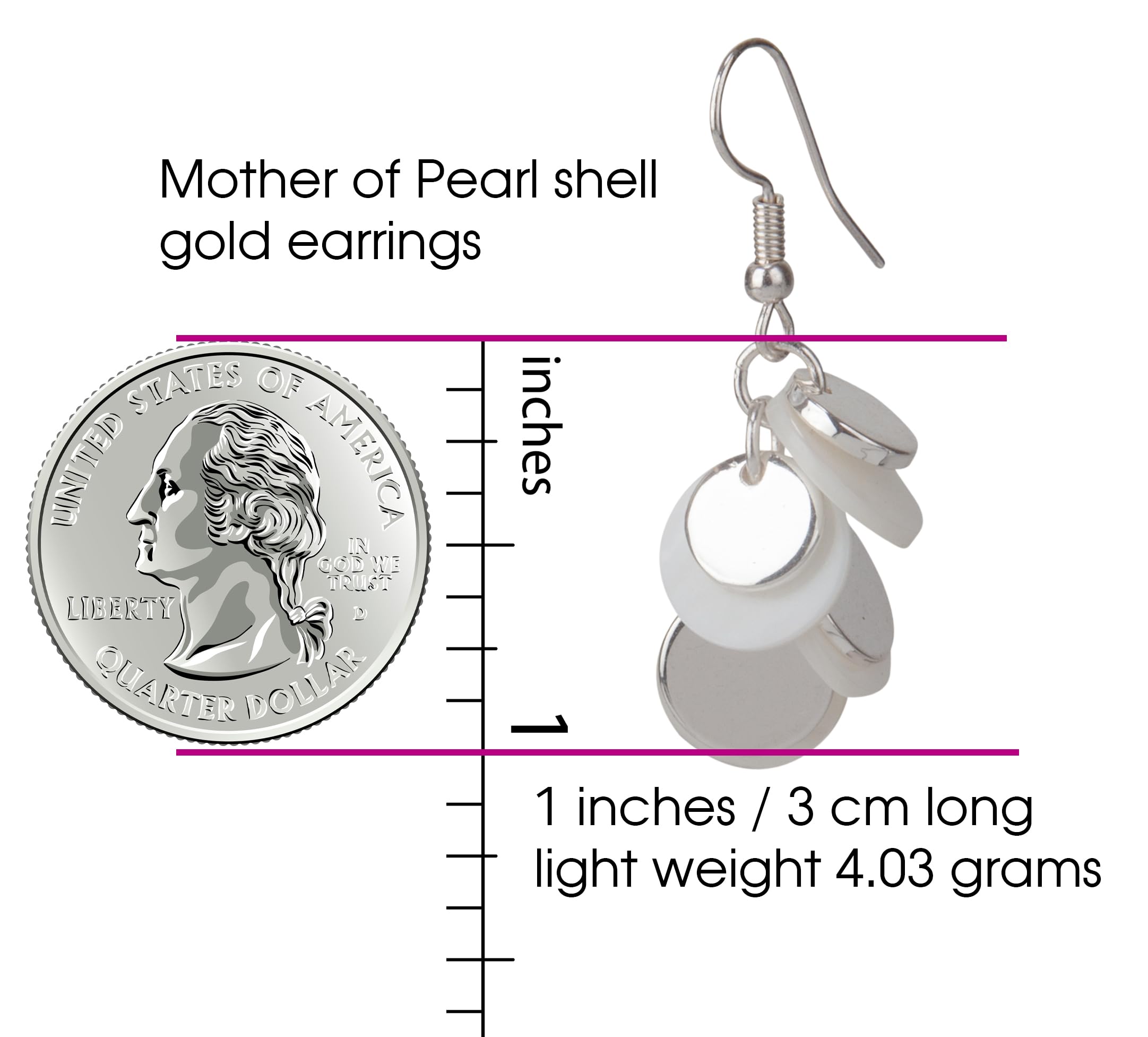 Natural Mother of Pearl Shell Elegant Beach Handmade Light Weight Ocean Circle Silver and Gold Round Disk Cluster Iridescent Earrings for Women (Silver)