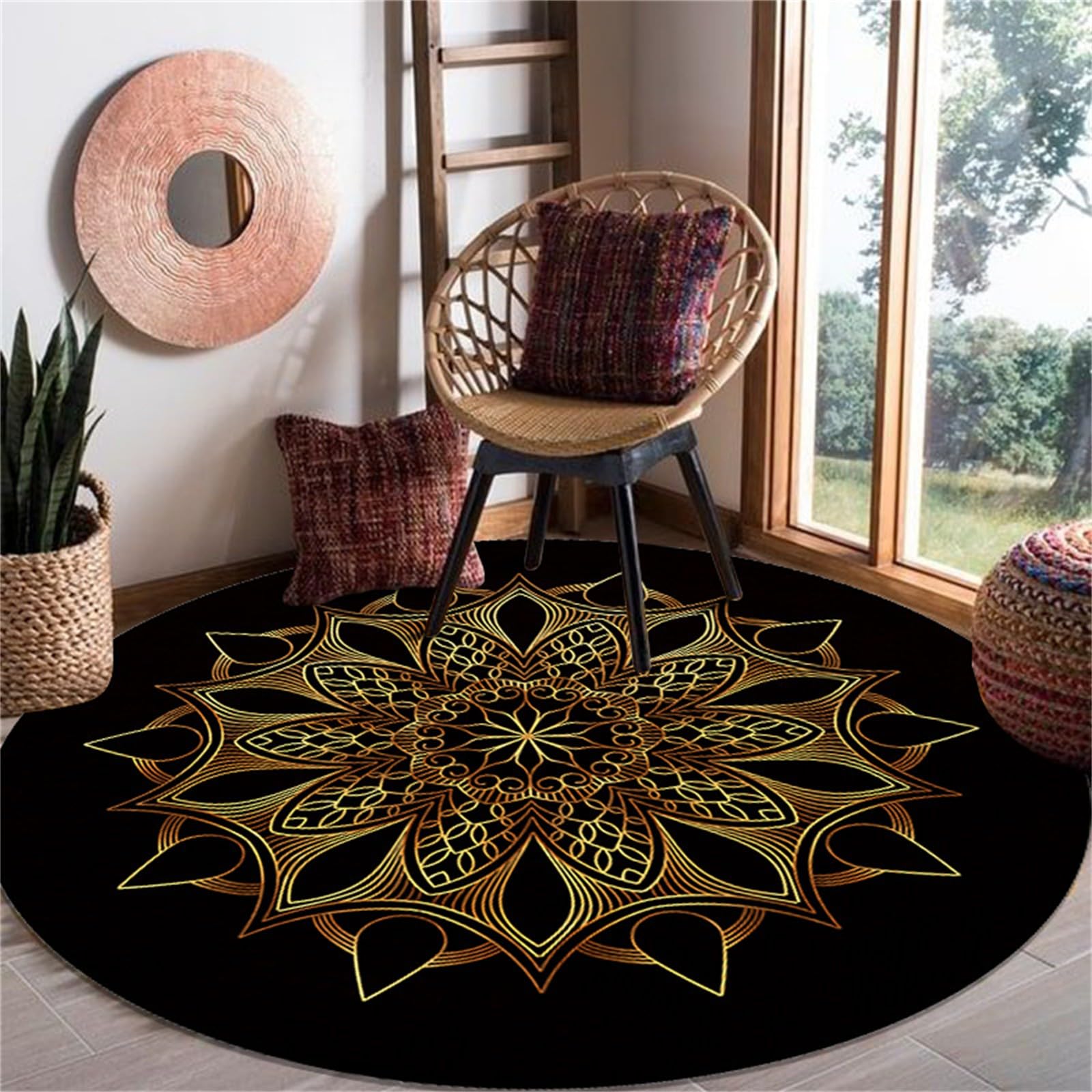 USHIRUG Black Gold Mandala Round Rugs 5ft Boho Gold Floral Circle Area Rugs Anti-Skid Vintage Pads Home Decor for Living Room Bedroom Washable Indoor Sofa Floor Area Mat Carpets