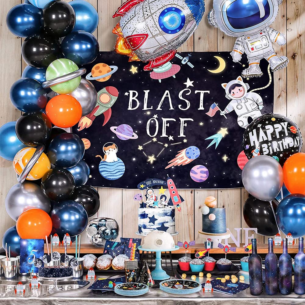Night Blue Space Theme Astronaut Rocket Balloon Set Boys Birthday Party Decoration Arrangement Balloon Arch Kit Garland Decorations Set