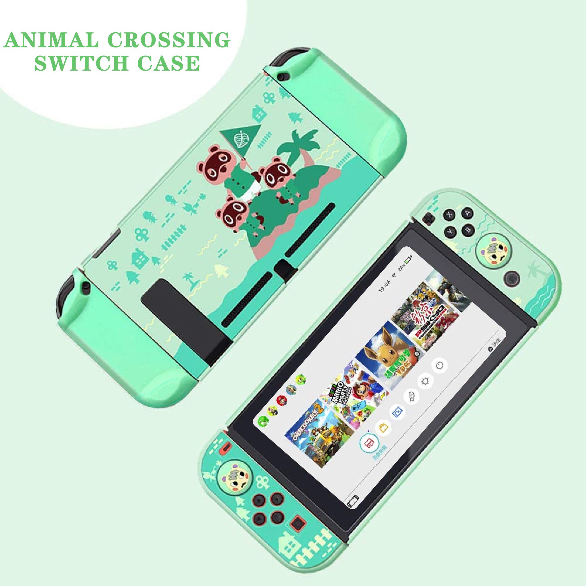 LASTYAL Dockable Cover Case for Nintendo Switch with Animal Crossing Theme, Cute Protective Case Shell Compatible with Switch and Joycon Controller with 2 Thumb Grips