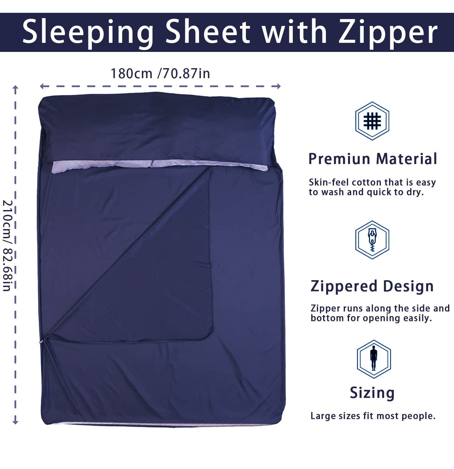 NIUXX Sleeping Bag Liner Camping Travel Bed Sheet with Zipper, Large Breathable Double Sleeping Sack for Backpacking, Hotel Hostels, Lightweight Bed Liner for Outside Travelling (Navy Blue)