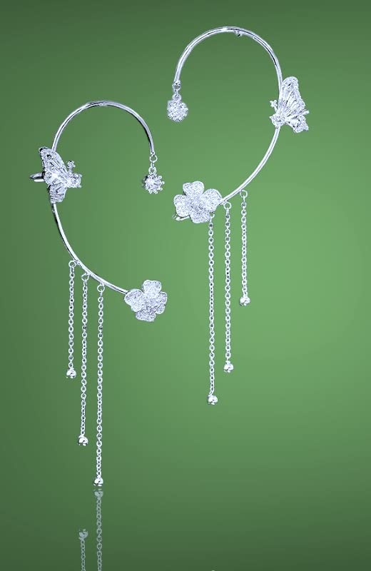 New Silver Trendy Crystal Diamond Flower Clip On Earrings No Piercing Cuffs iced Out Zircon Cz Tassel Butterfly Ear Cuff Earring