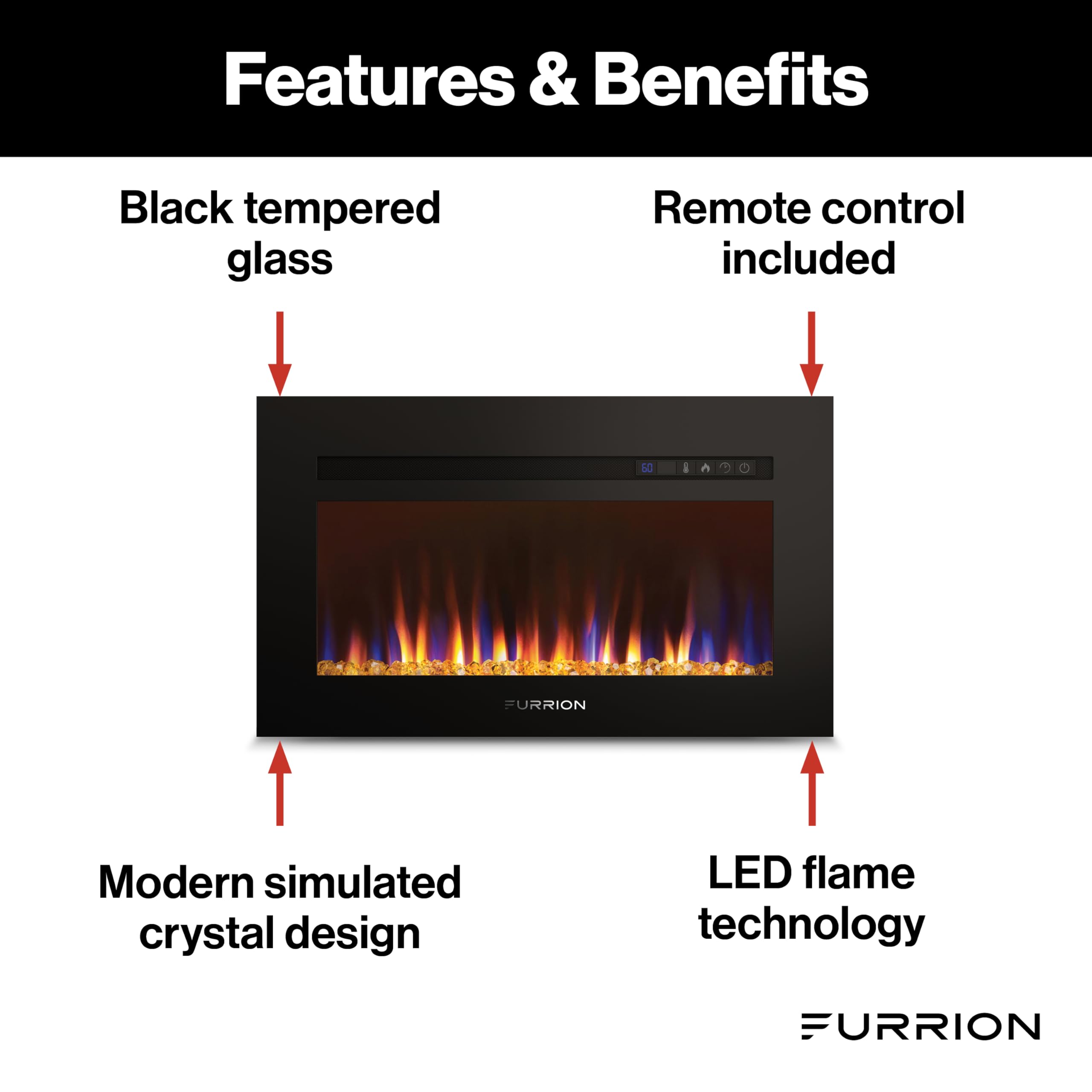 Lippert Components 696011 Built-in Electric Fireplace with Crystal Platform - 40', Black