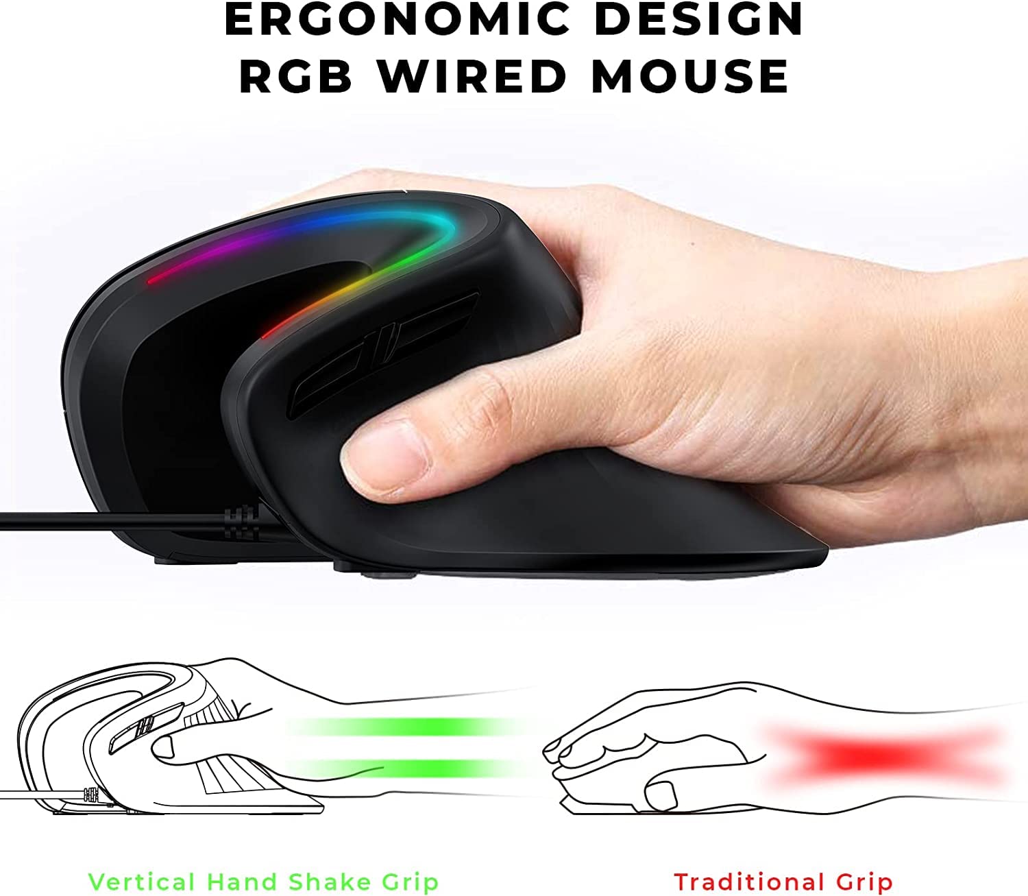 NIXIUKOL Ergonomic Vertical Mouse, RGB Wired Computer Mice with LED Backlit, 5 Buttons, 1600 DPI USB Corded Ergo Mouse for Windows Laptop PC Notebook - Black