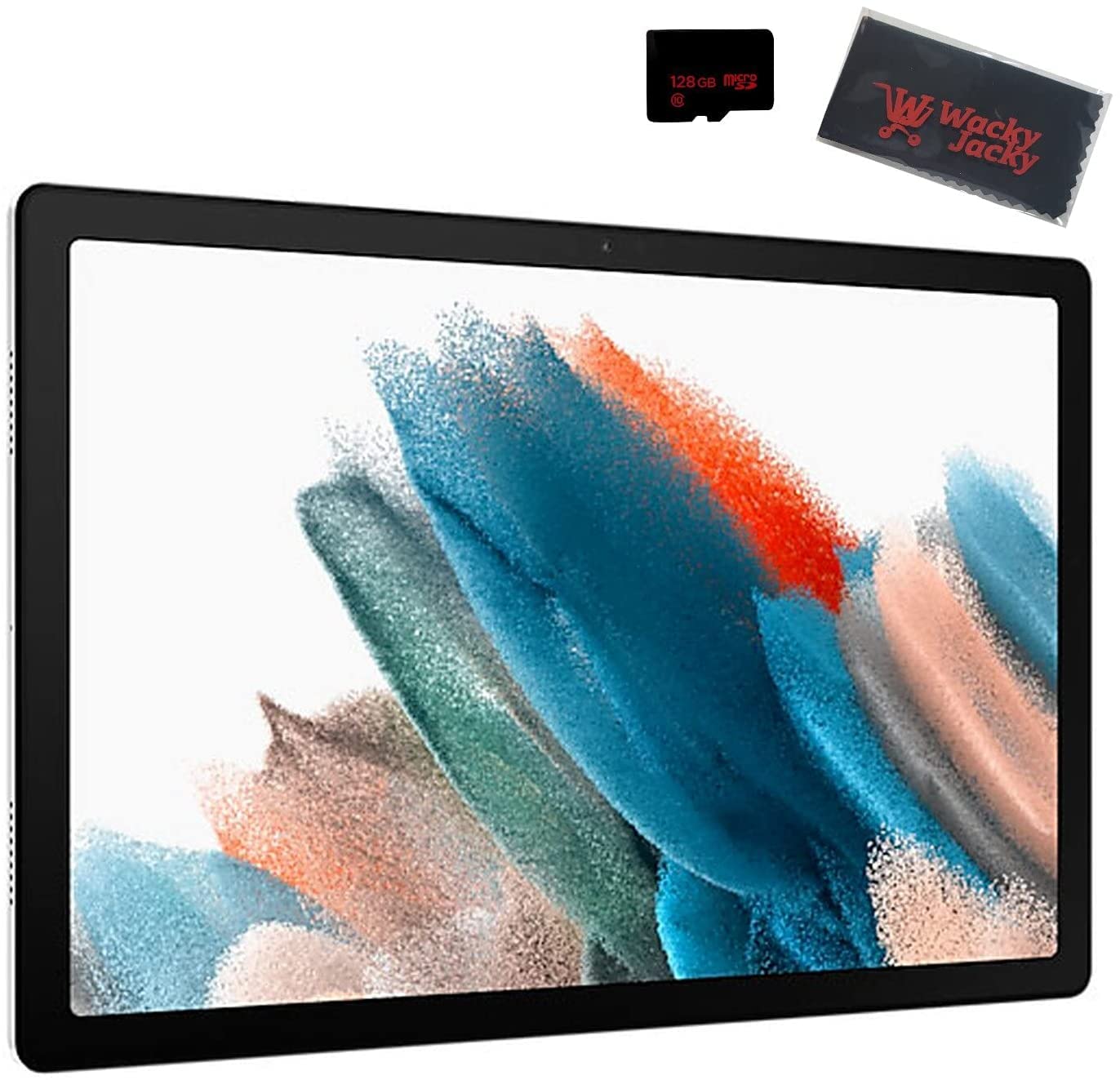 SAMSUNG Galaxy Tab A8 Android Tablet, 10.5” LCD Screen, 64GB Storage + 128GB microSD Memory Card and Wacky Jacky Cleaning Cloth (Silver)