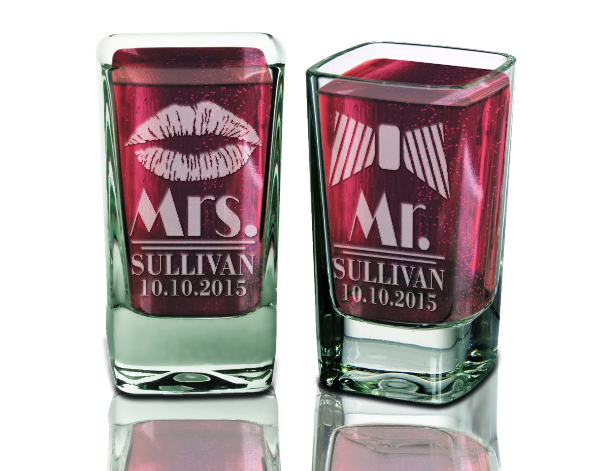 Lips Bow Tie Personalized Set of 2 Mr and Mrs Shot Glasses Custom Bridal Shower Newlyweds Newly Married Christmas Wedding Gift for Bride and Groom
