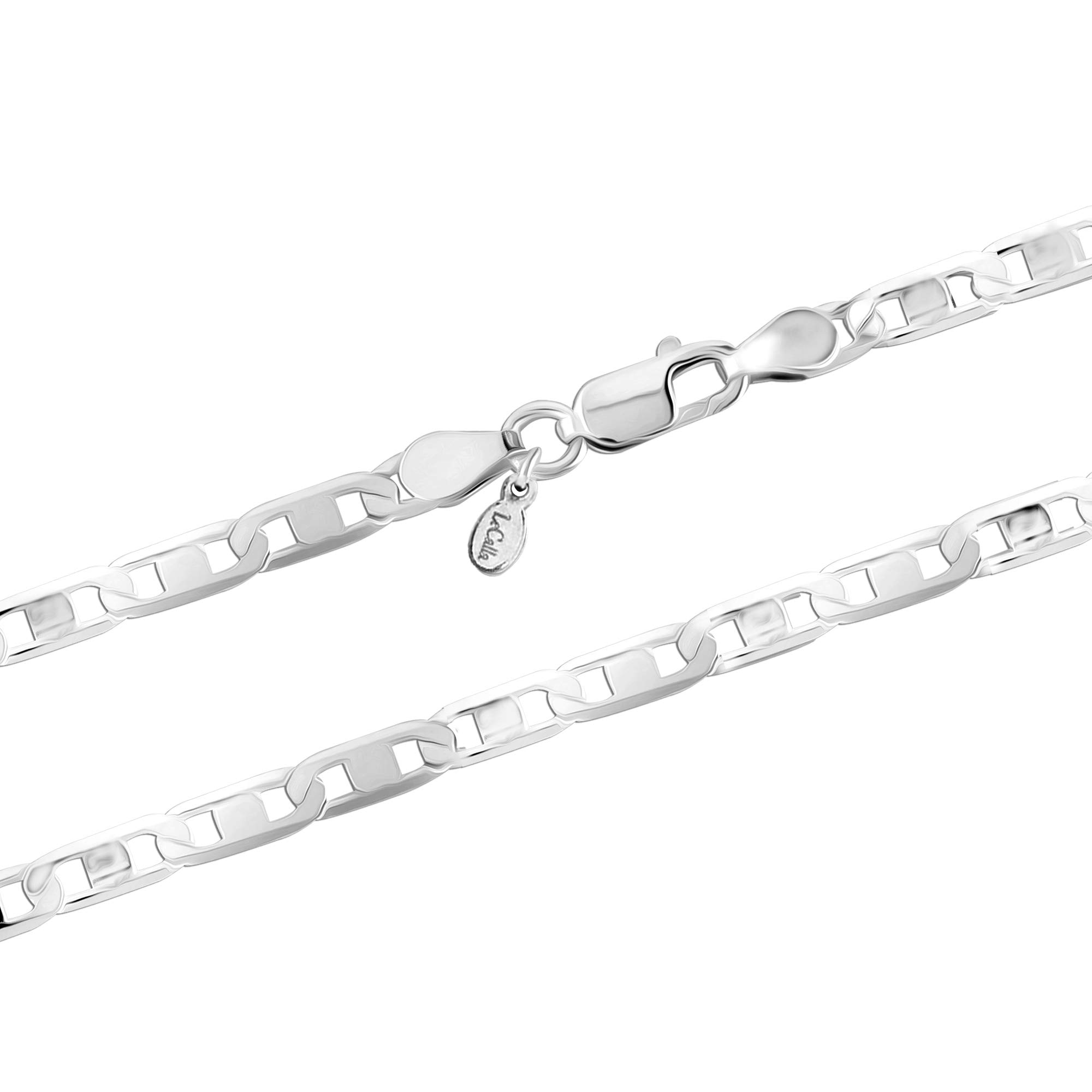 LeCalla 925 Sterling Silver Italian 4 MM Diamond-Cut Solid Flat Mariner Link Chain Necklace for Men and Women 24 Inches