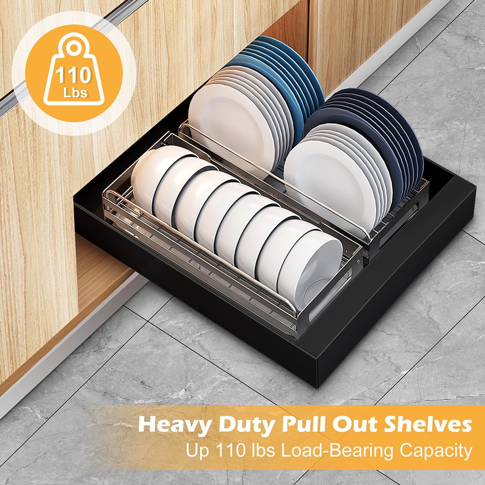 LINGSFIRE Pull Out Cabinet Organizer Carbon Steel Cabinet Pull Out Shelves Kitchen Cabinet Drawers Slide Out Pantry Multi-Purpose Pull-Out Home Organizers For Bathroom (1 Pack) Black