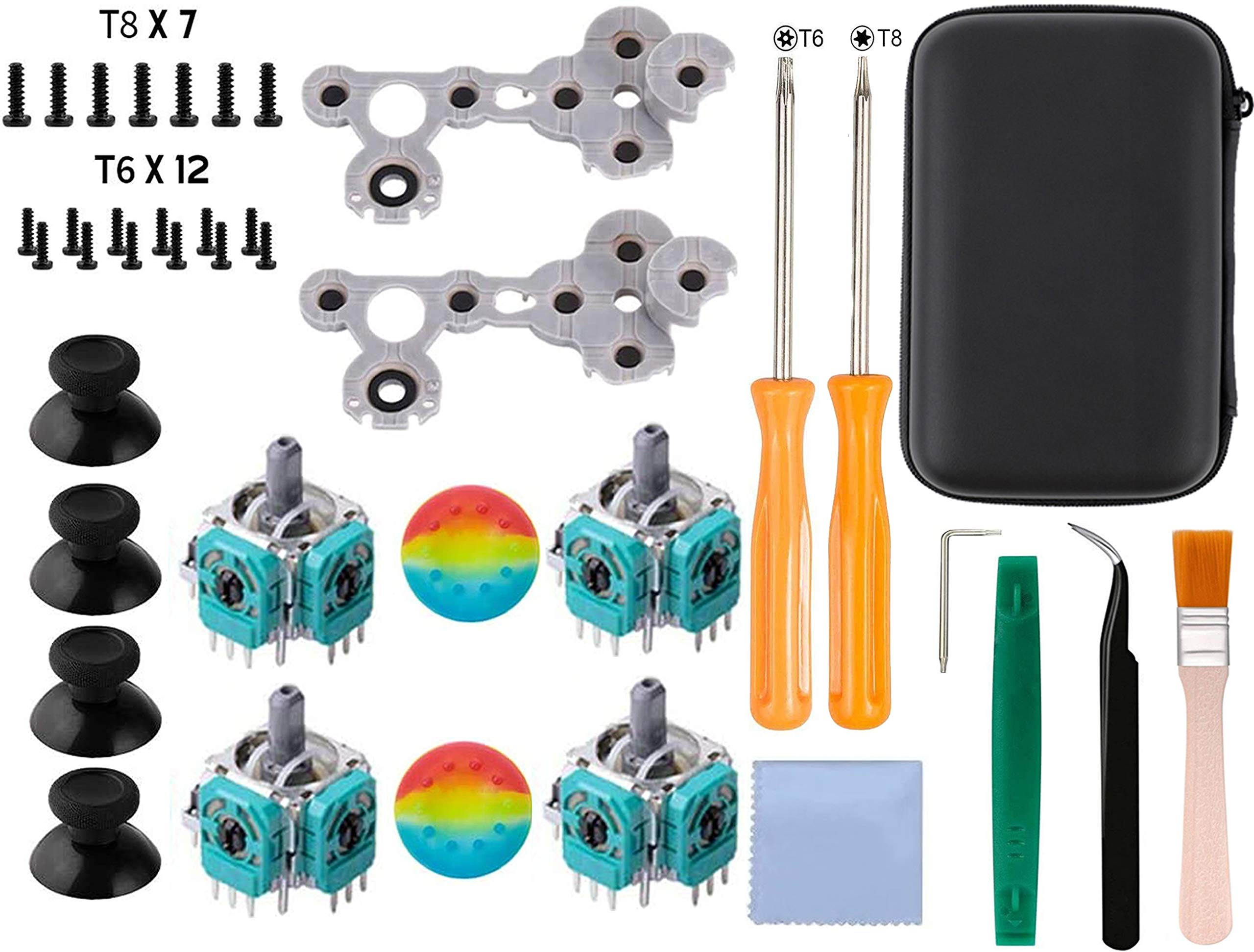LonHon 4PC 3D Analog Joysticks Wireless Thumb Sticks Sensor Replacements for Xbox 1 Controller, with D Pads Rubber Conductive R L Button, Screwdriver, Tweezers, Bush, Storage Box 39 pcs Repair Kits